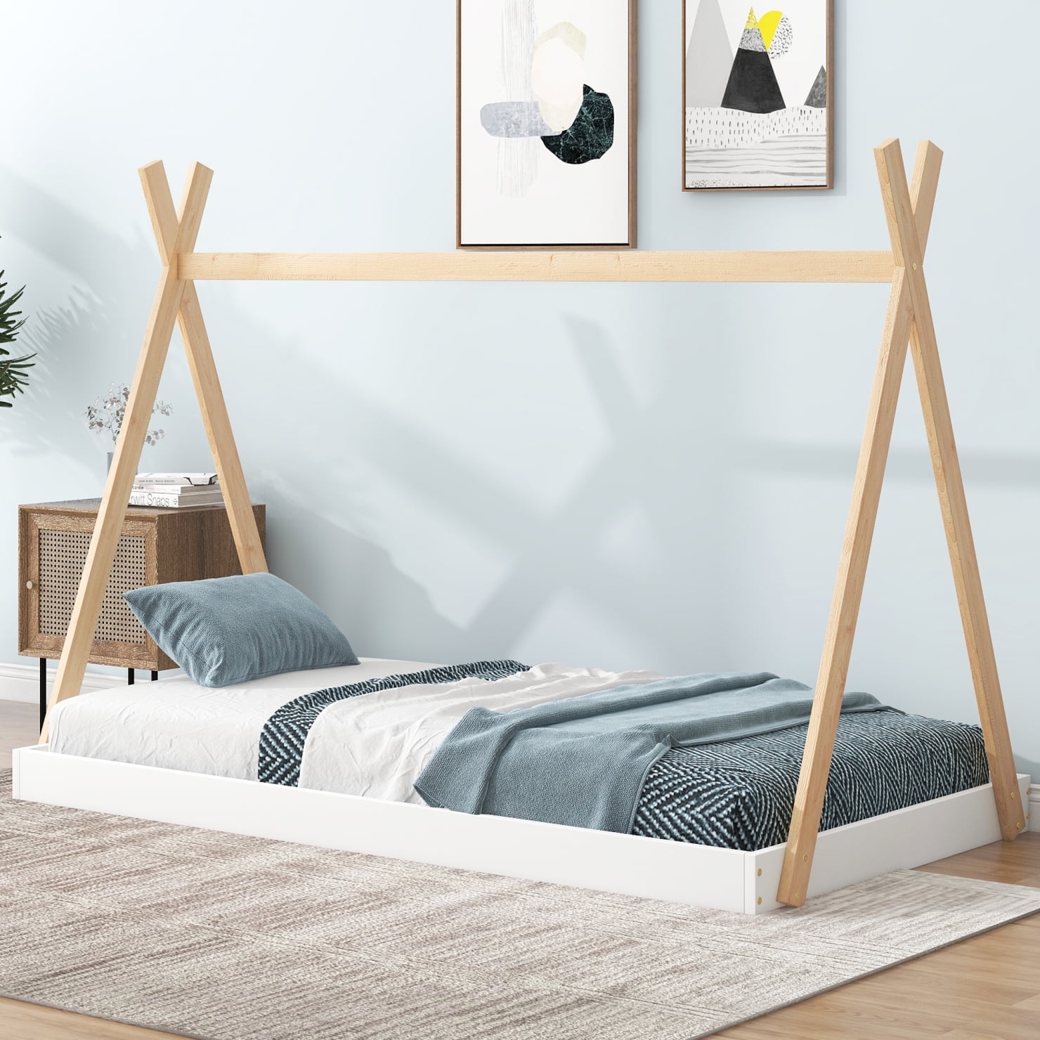 Twin Floor Bed with Triangle Structure, Solid Wood Montessori Bed Frame ...