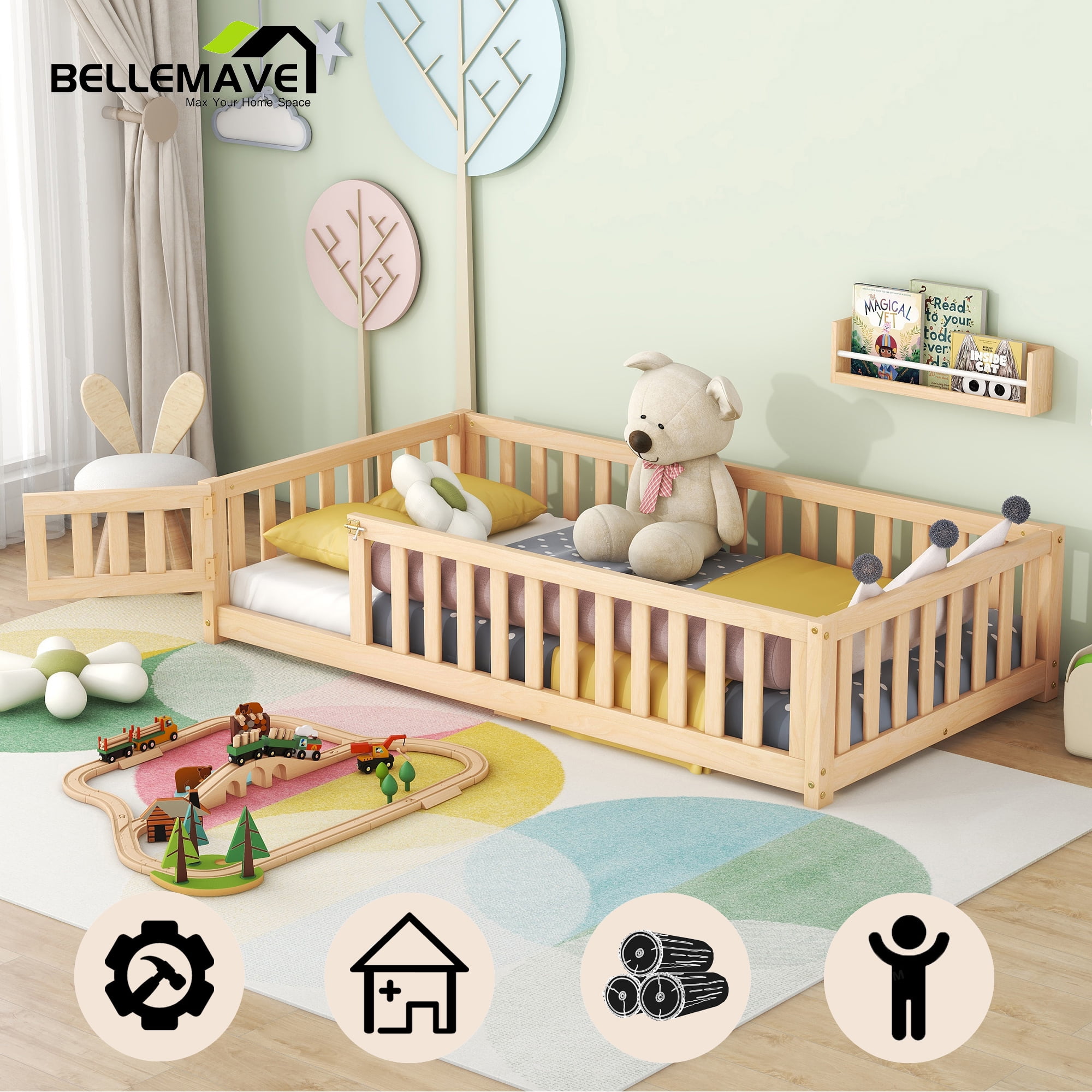 Twin Floor Bed for Kids, Solid Wood Montessori Bed Frame Fence & Door ...