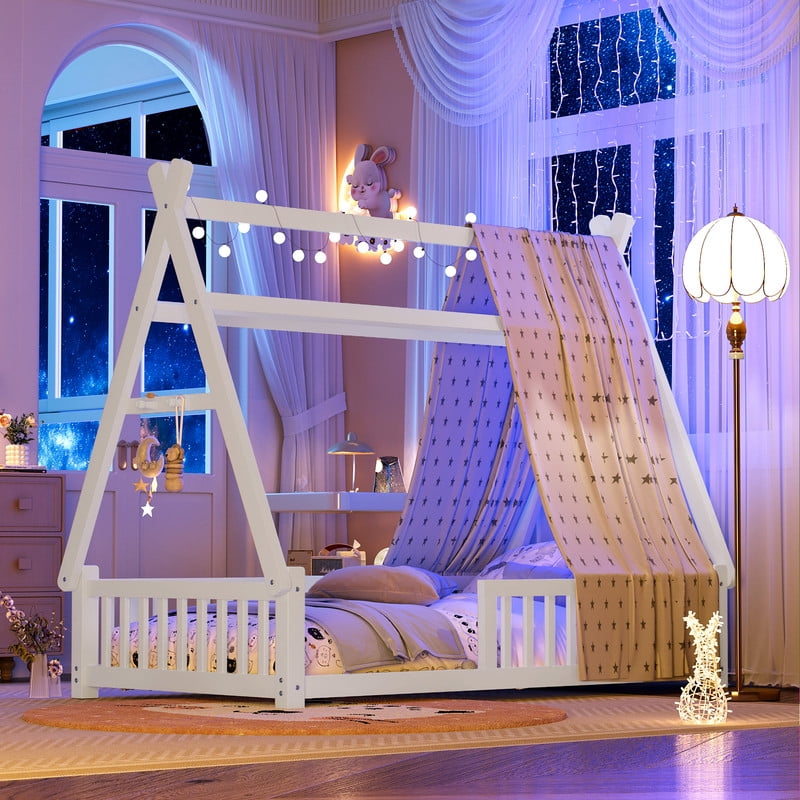 Twin Floor Bed for Kids with Roof, Wood Montessori Bed Frame, Tent ...