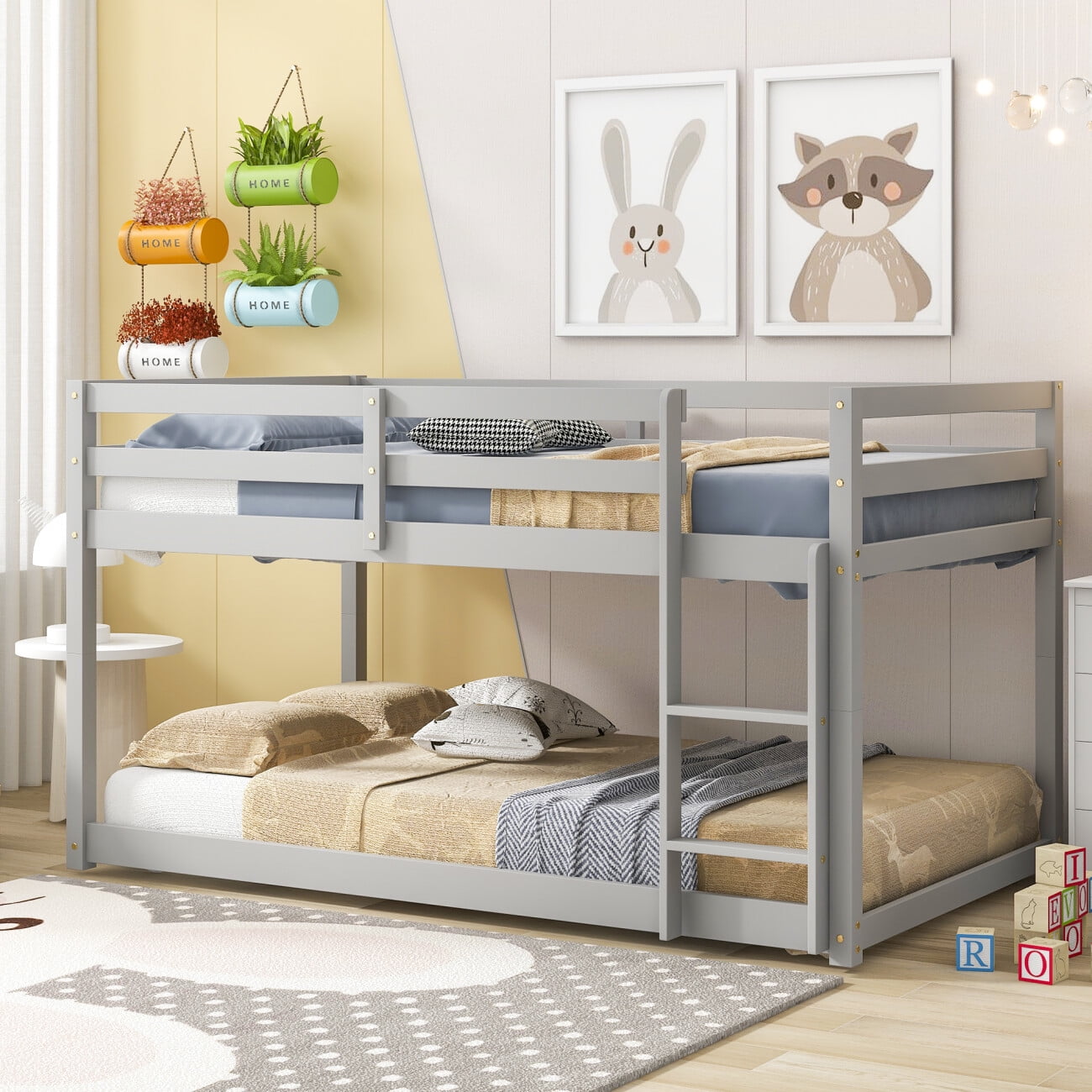 Twin over Twin Floor Bunk Bed, Solid Wood Bed Frame with Safety Guard ...