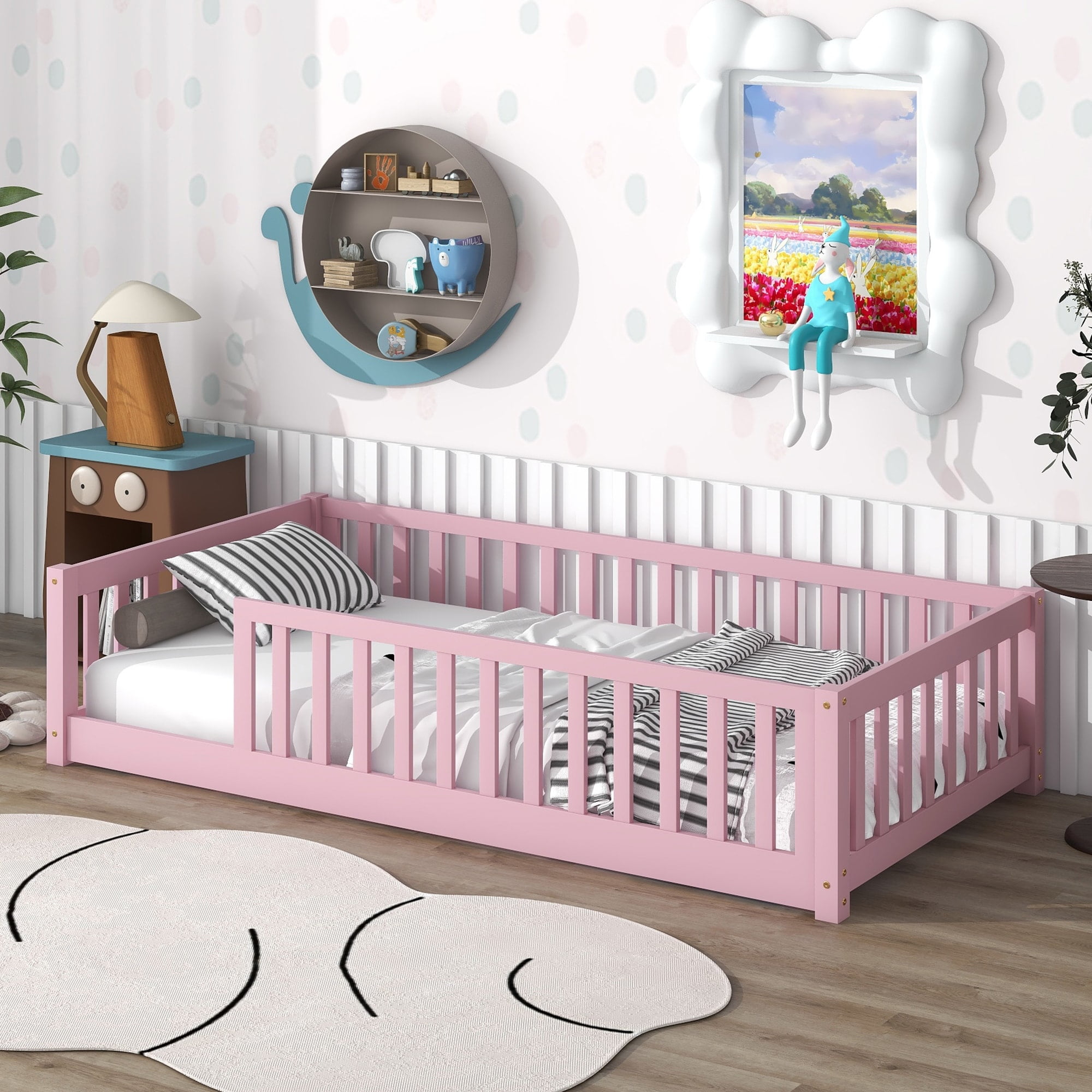 Twin Floor Platform Bed with Fence without Door Pink - Walmart.com