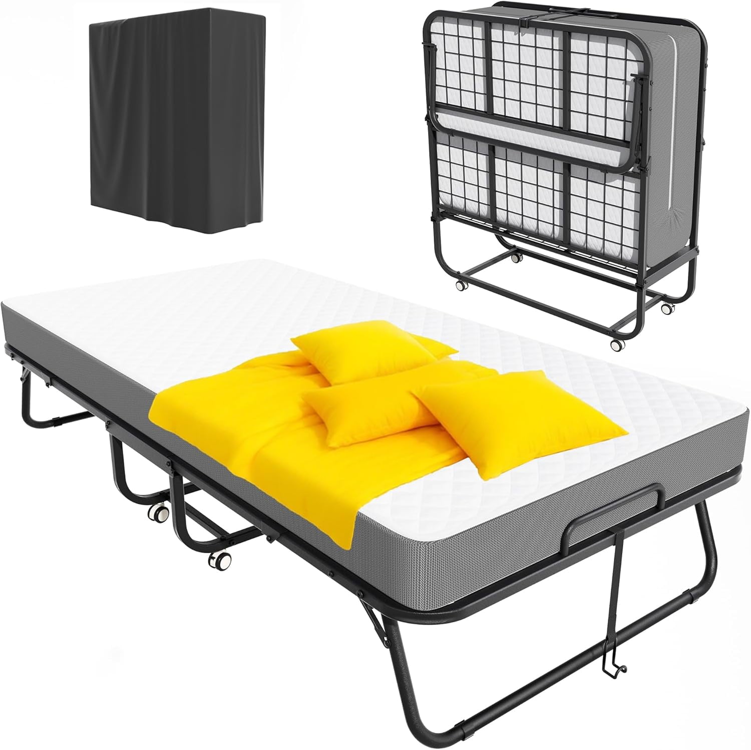 Twin Folding Bed with 5" Mattress - 75"x31" Portable Rollaway Guest Bed ...