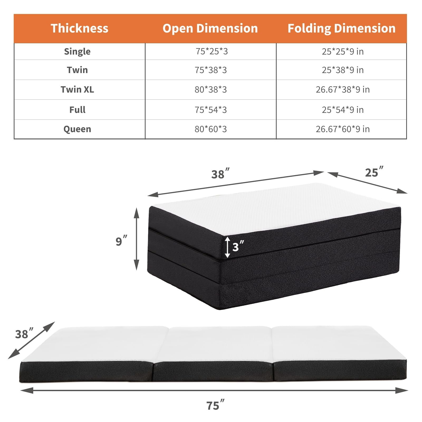 Twin Folding Mattress 3-Inch Tri-Fold Mattress with Washable Cover ...