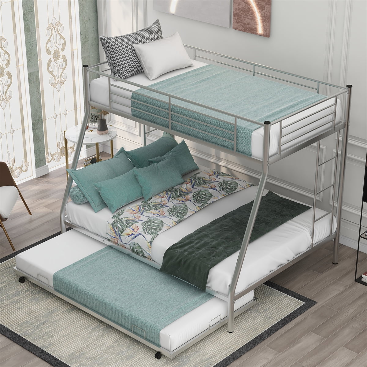Twin over Full Bed with Trundle, Metal Bunk Bed with Twin Size Trundle ...