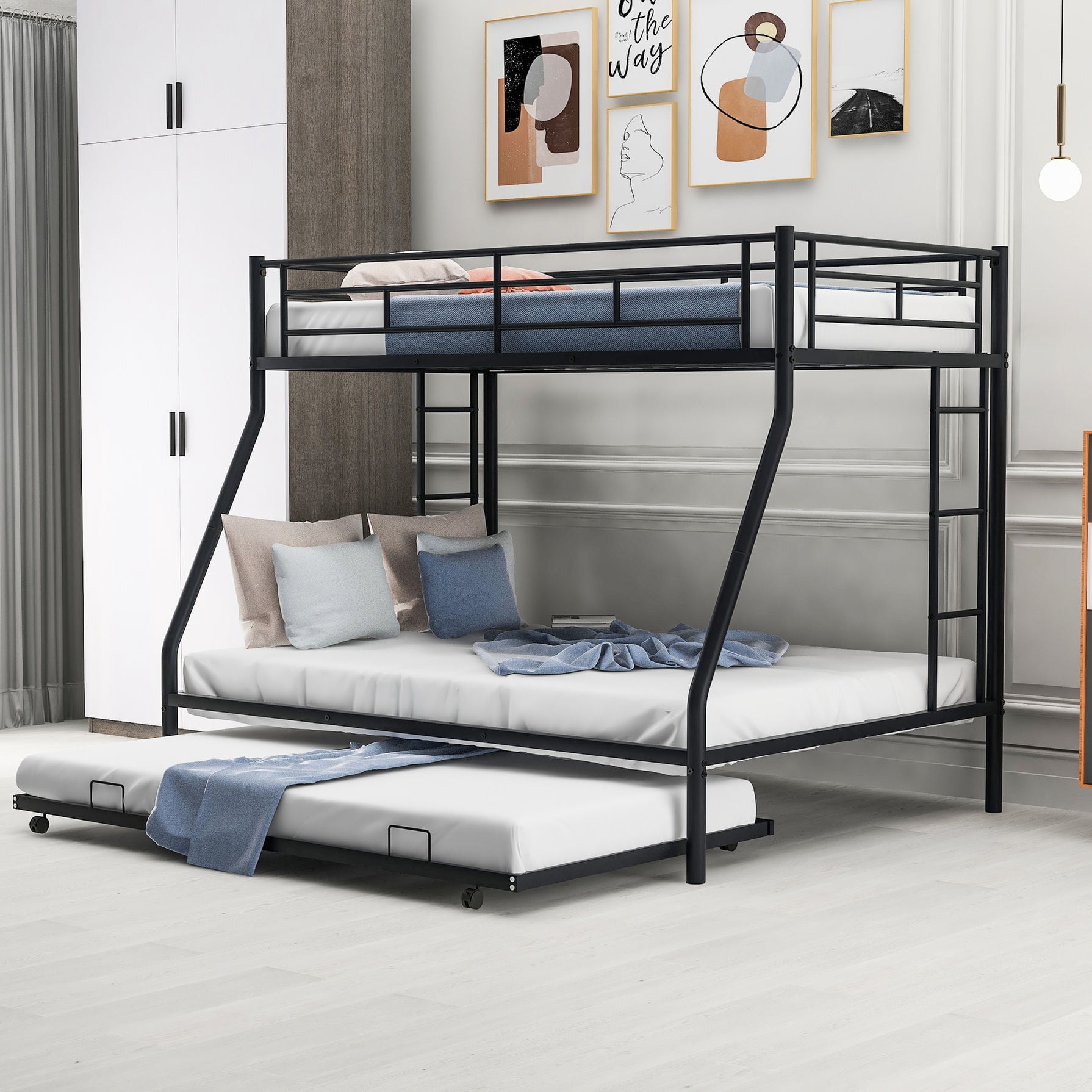 Twin/Full Bunk Bed | Black Color & Sturdy Structure | Trundle with ...