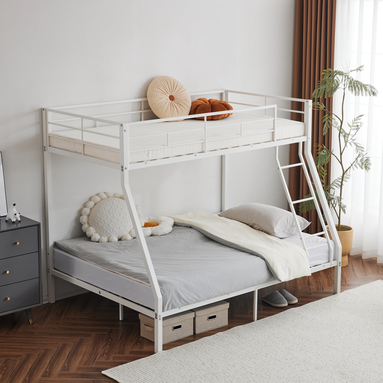 JAMPOOCA Metal Twin Over Full Bunk Bed with Inclined Ladder and ...