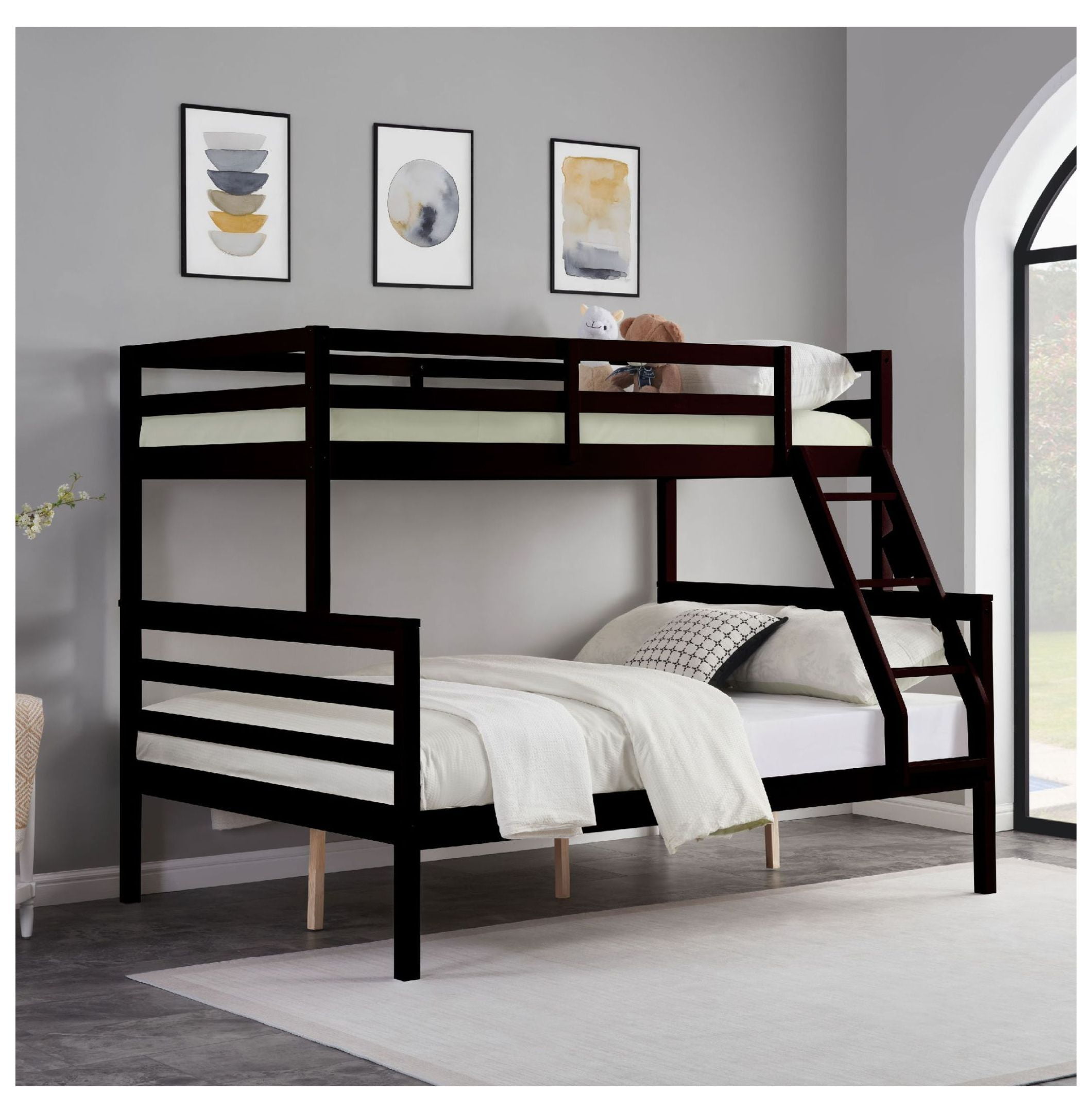 Twin over Full Bunk Bed with Ladder,Wooden Bunk Bed with High Guardrail ...