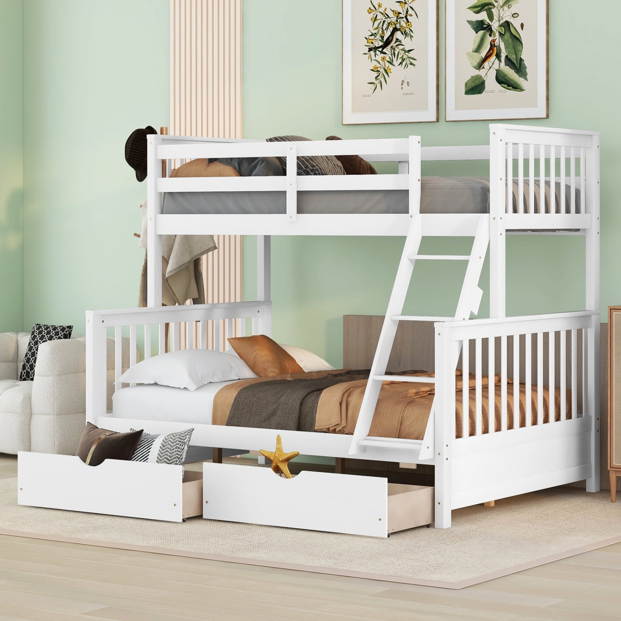 Twin Over Full Bunk Bed with Ladders and 2 Storage Drawers, Wood Bunk ...