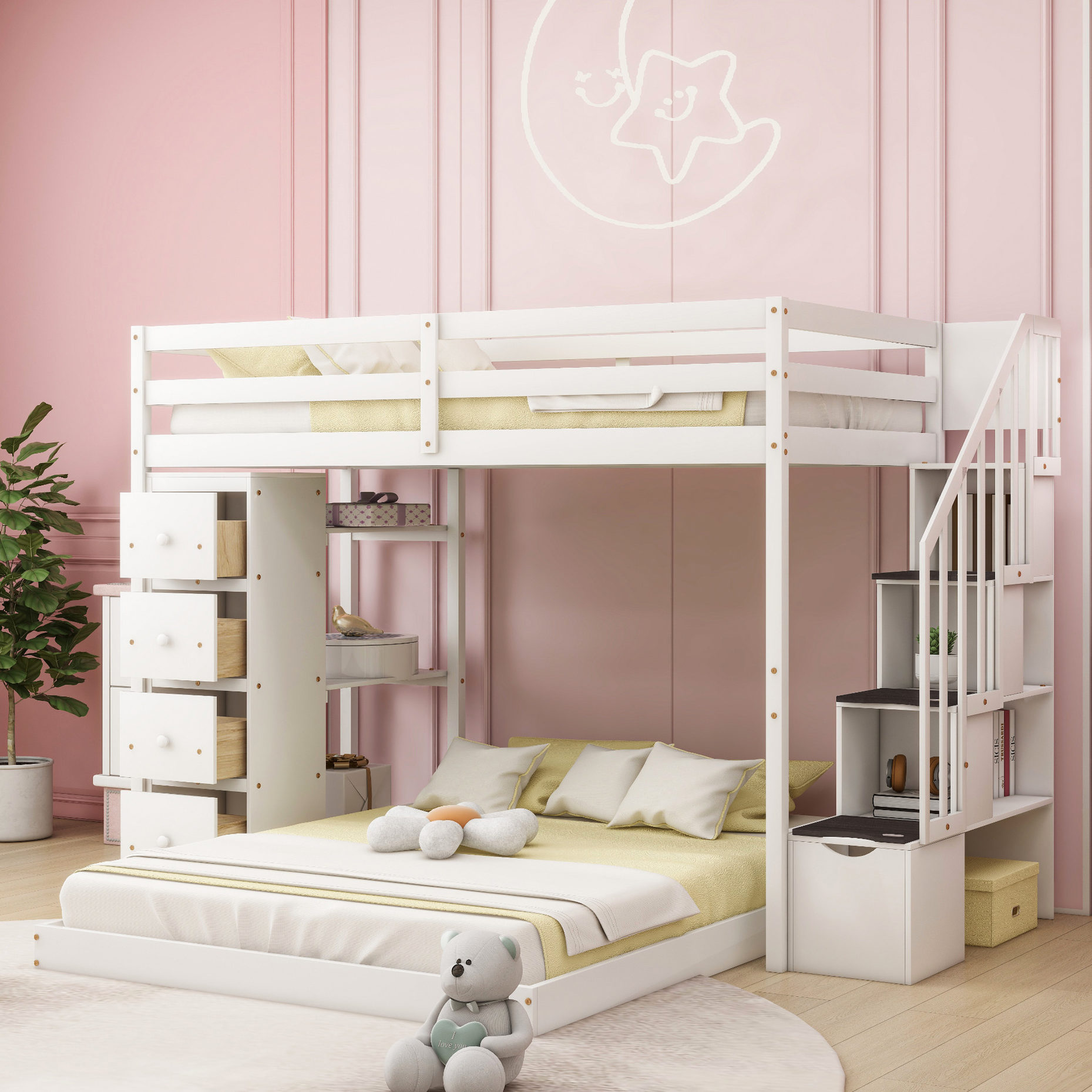 Twin Over Full Bunk Bed With Practical Storage In White - 3-layer ...
