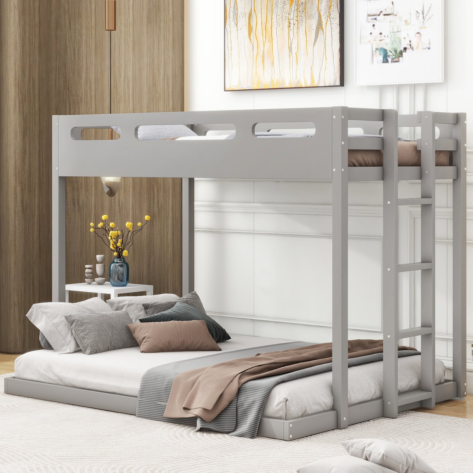 Twin over Full Bunk Bed, Solid Wood Floor Bunk Bed Frame with Full ...
