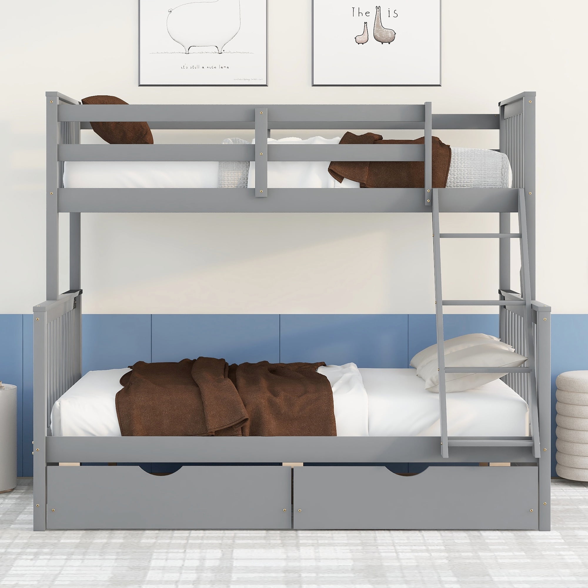 Twin Over Full Bunk Bed with Storage Drawers - Solid Pine Construction ...