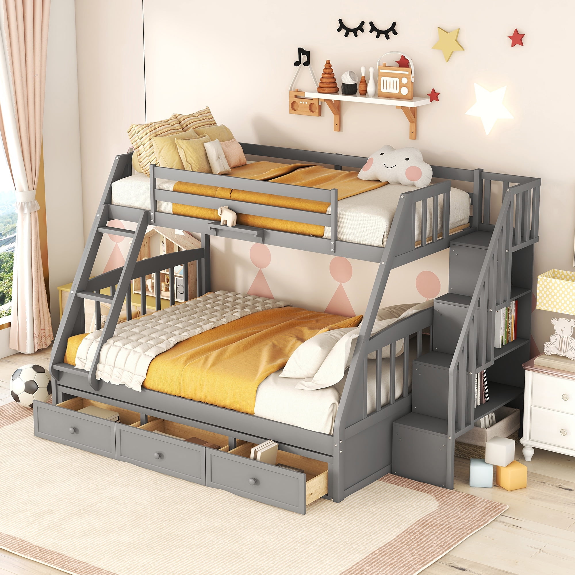 Twin Over Full Bunk Bed with Storage Staircase & 3 Drawers ...