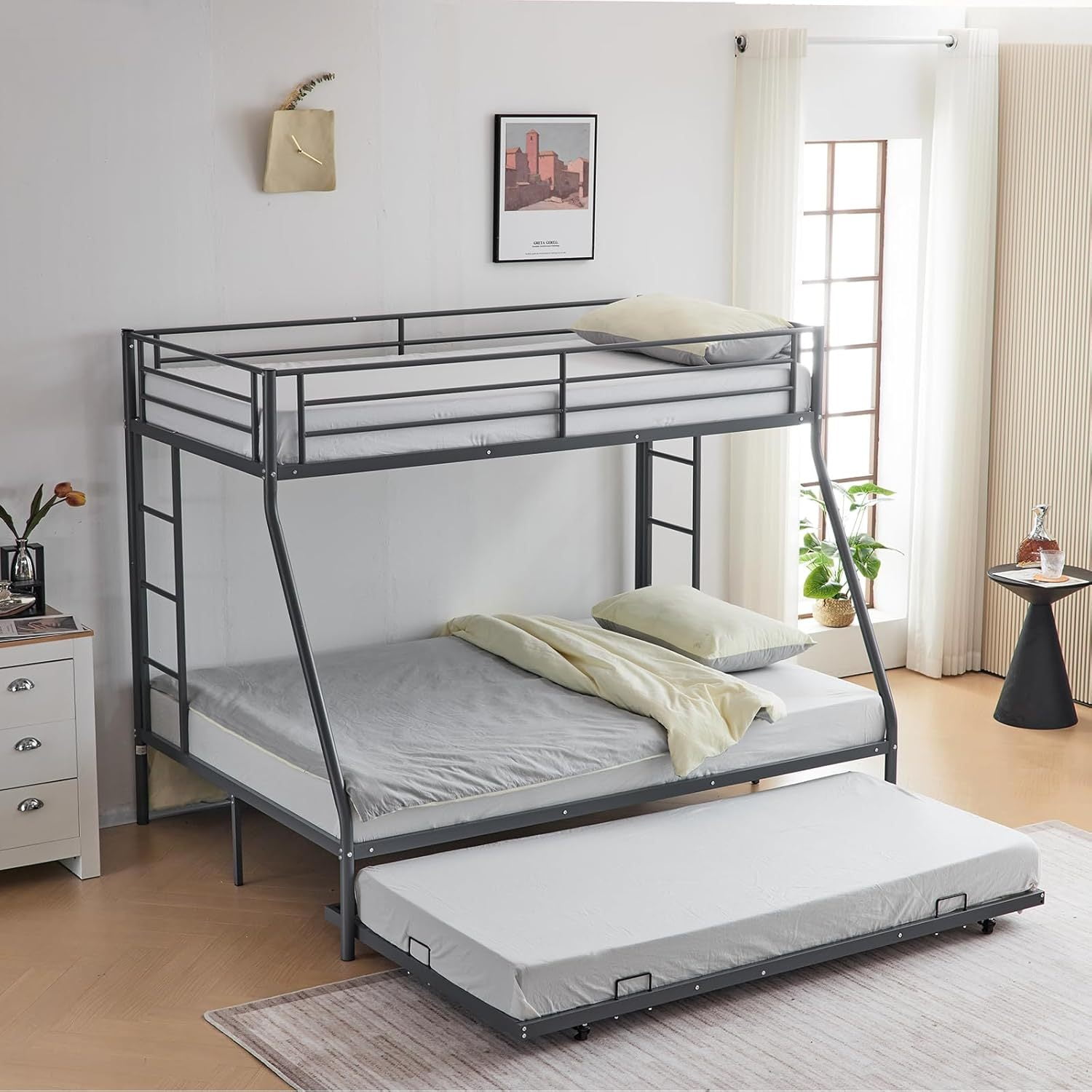 Twin Over Full Bunk Bed with Trundle, Triple Bunk Beds with Metal Frame ...