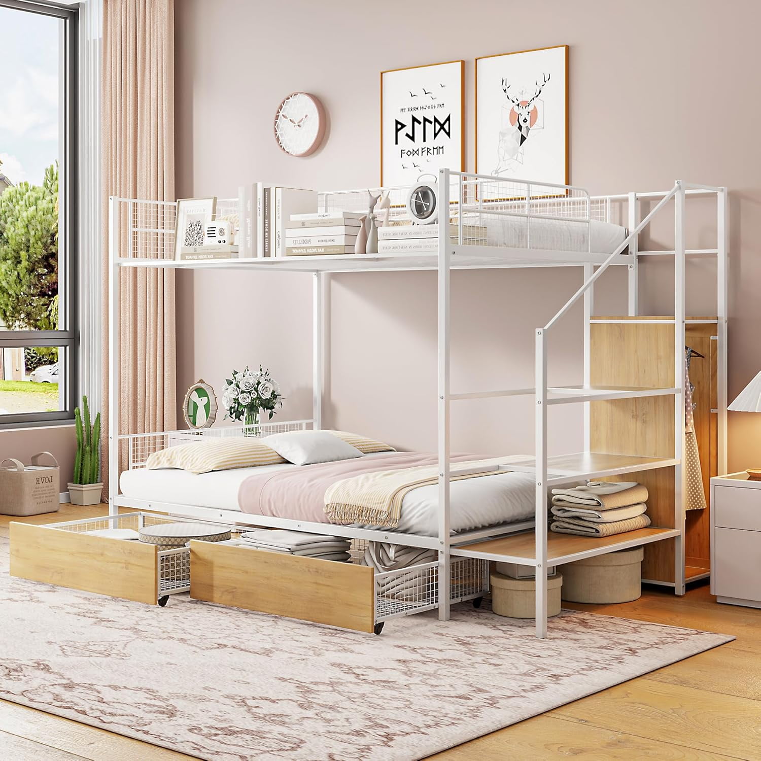 Twin Over Full Metal Bunk Bed with Stairs, Wardrobe and Storage Drawers ...