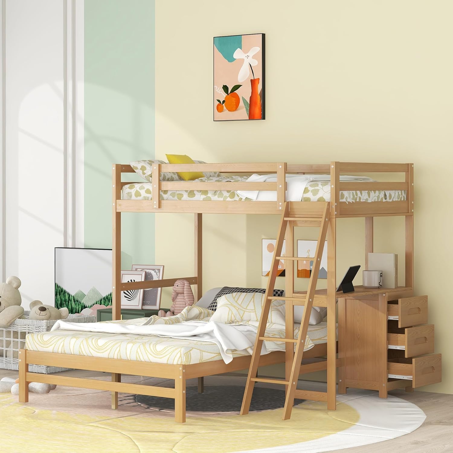 Twin Over Full Size Bunk Bed With Built-in Desk, Three Drawers, and ...