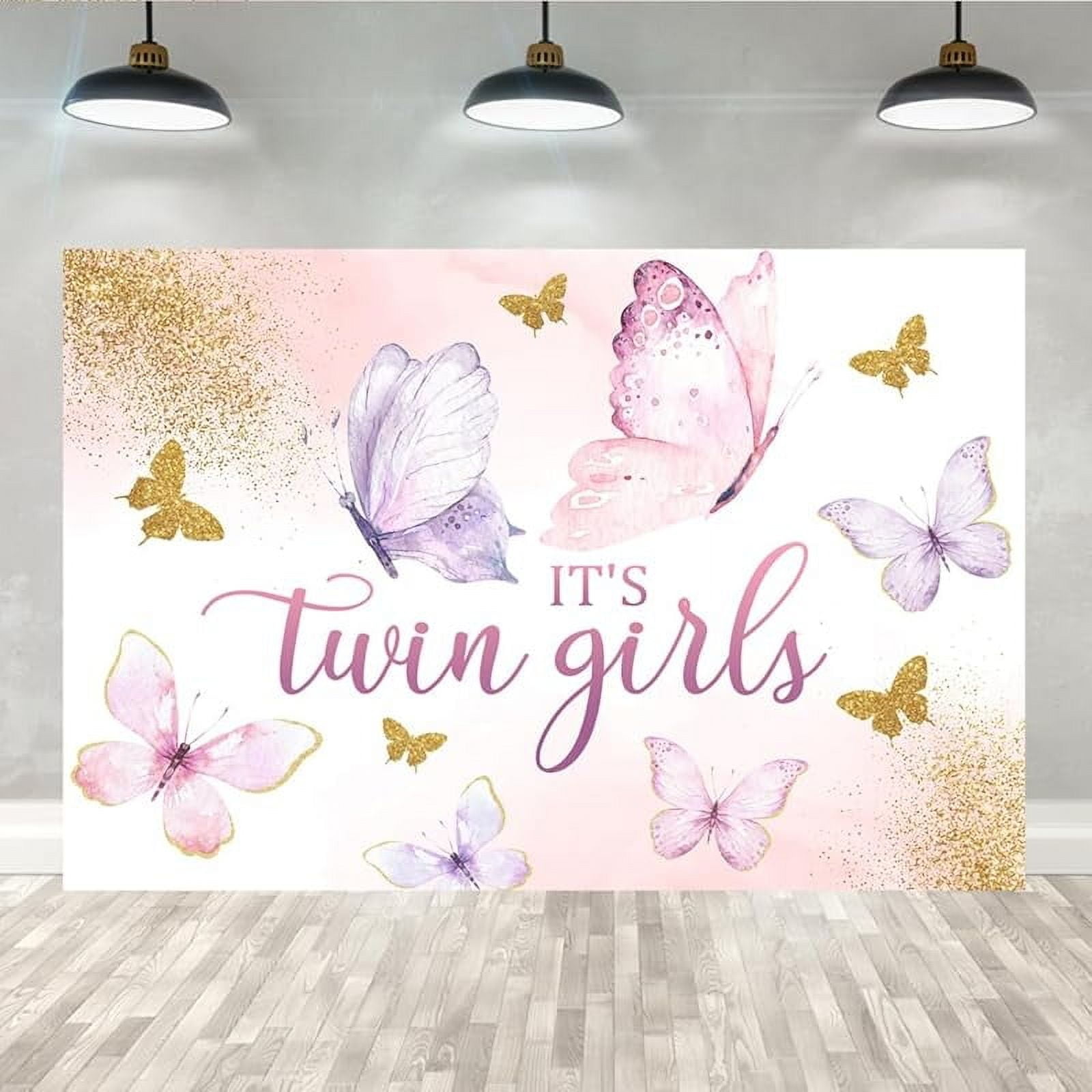 It's Twin Girls Baby Shower Backdrop Pink Butterfly Kisses and Bday ...