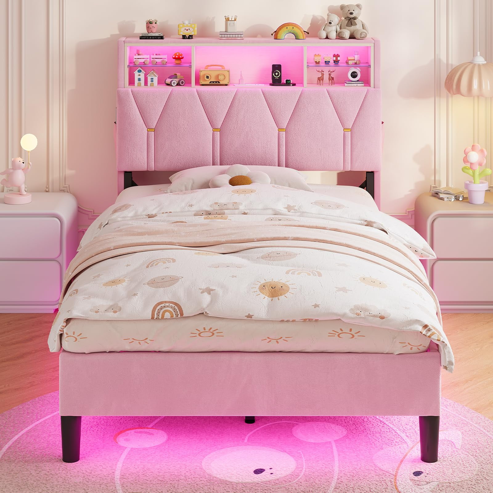 Twin Girls Bed Frames with Storage Headboard,Power Outlet, LED Lights ...