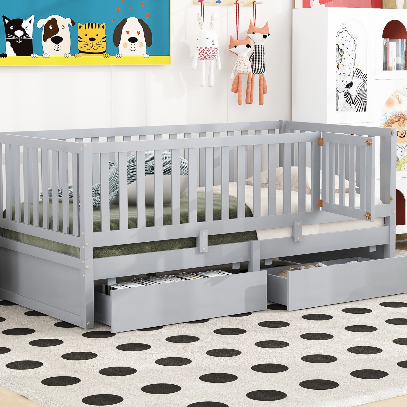 Twin Gray Solid Wood Daybed | Fence Guardrails for Safety, Split into ...
