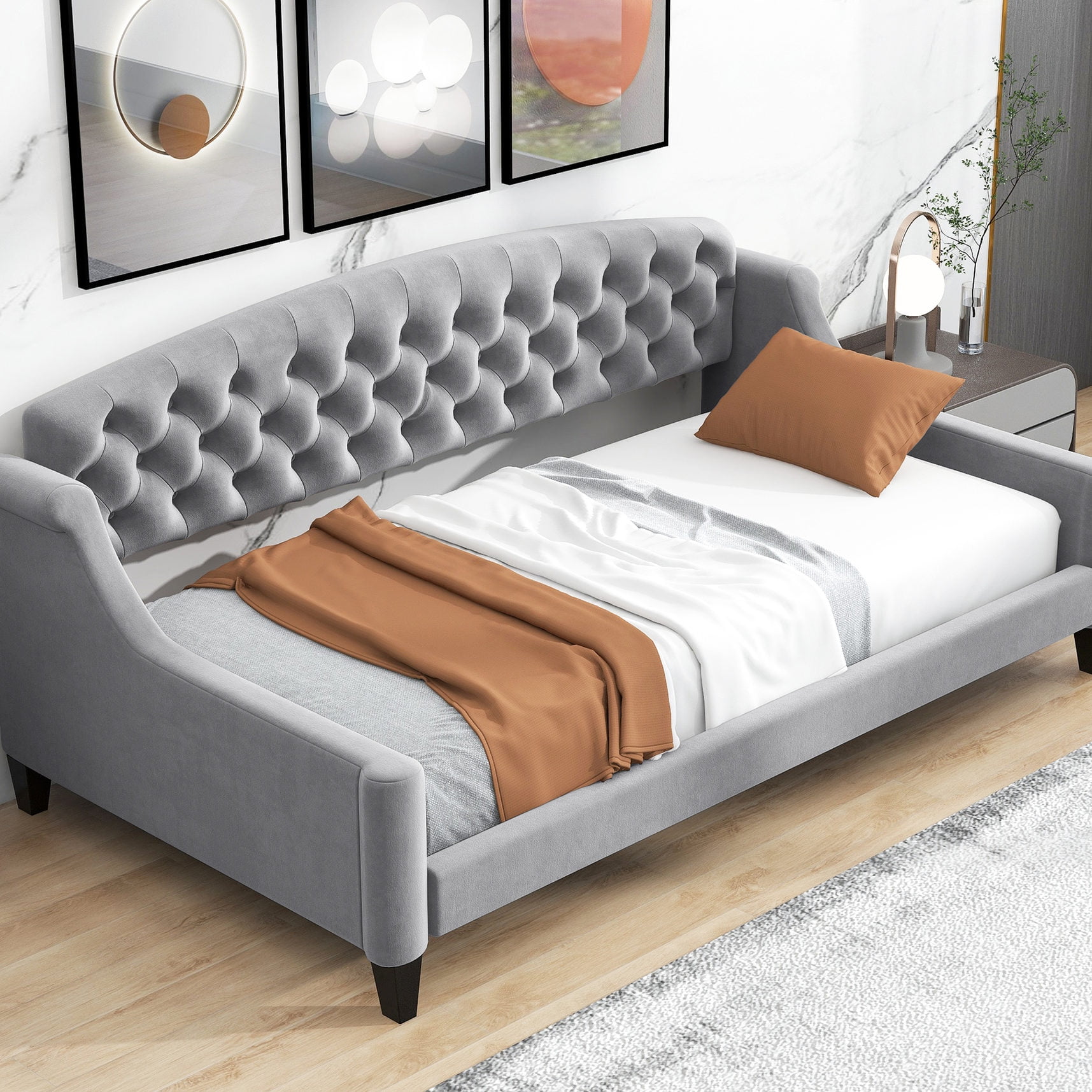 Twin Gray Tufted Daybed | Solid Wood Support, Easy Assembly, Large ...
