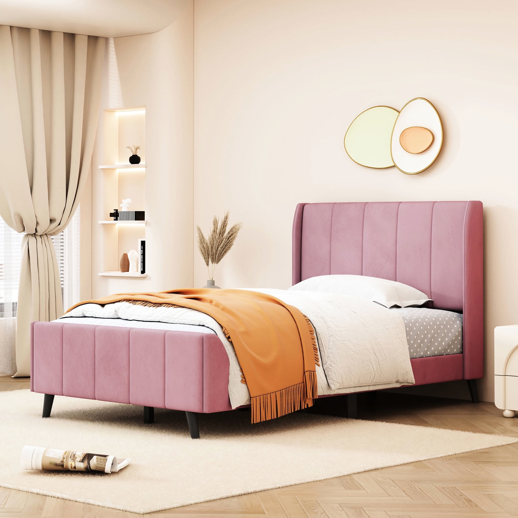 Twin Gray Velvet Platform Bed / Visual Texture from Tufting, Space ...