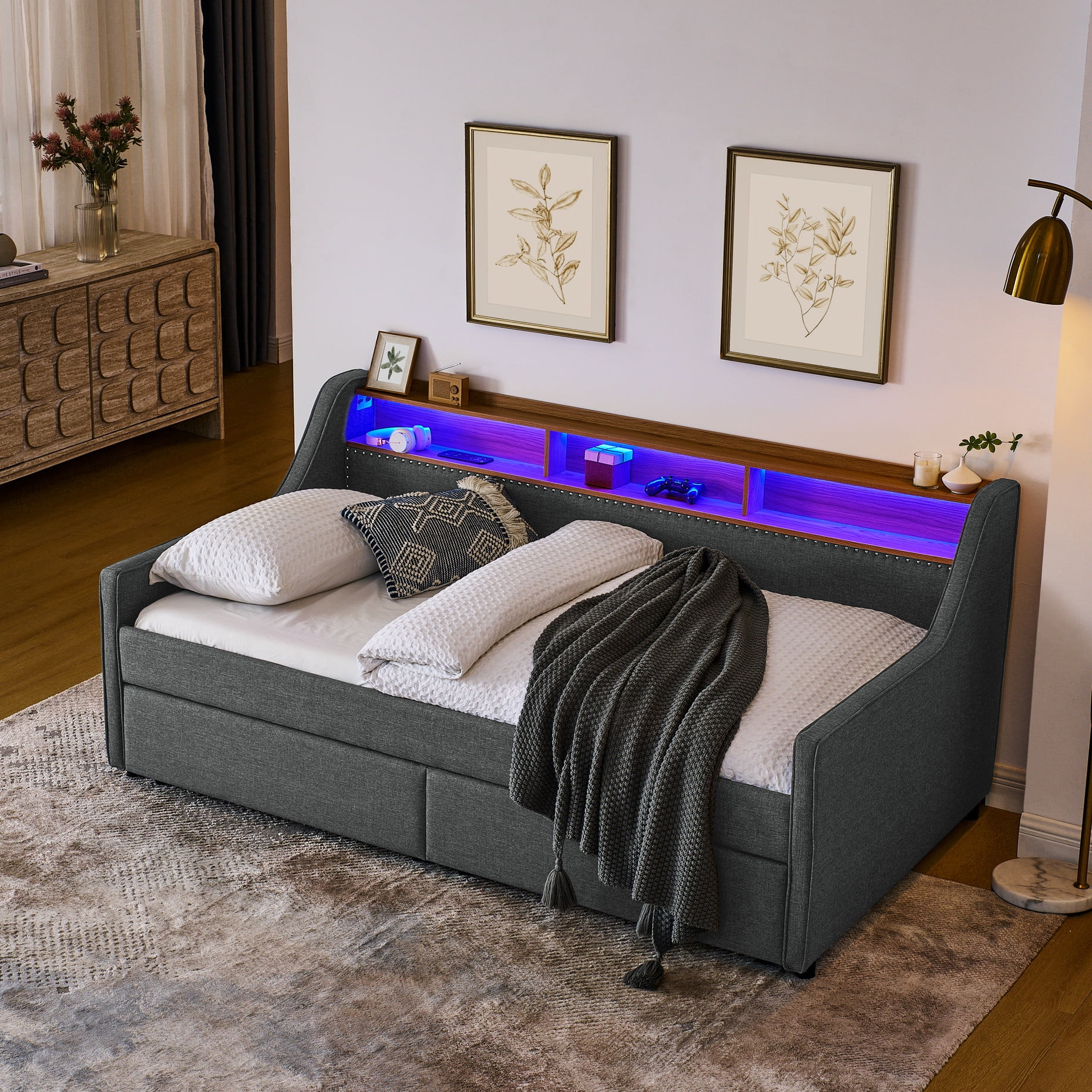 Twin Grey Linen Bed Frame Sofa Bed | RGB LED Lights, Storage Function ...