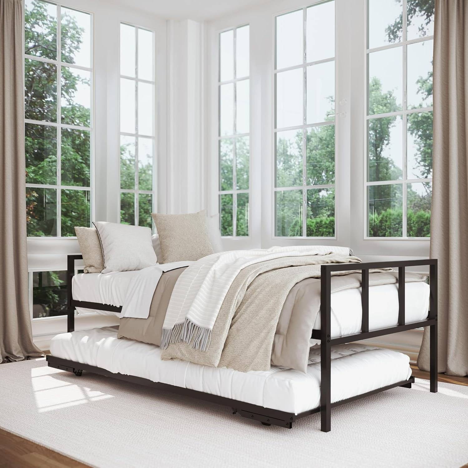Twin Heavy Duty Black Metal Daybed Frame with Roll-Out Pop-Up Trundle ...