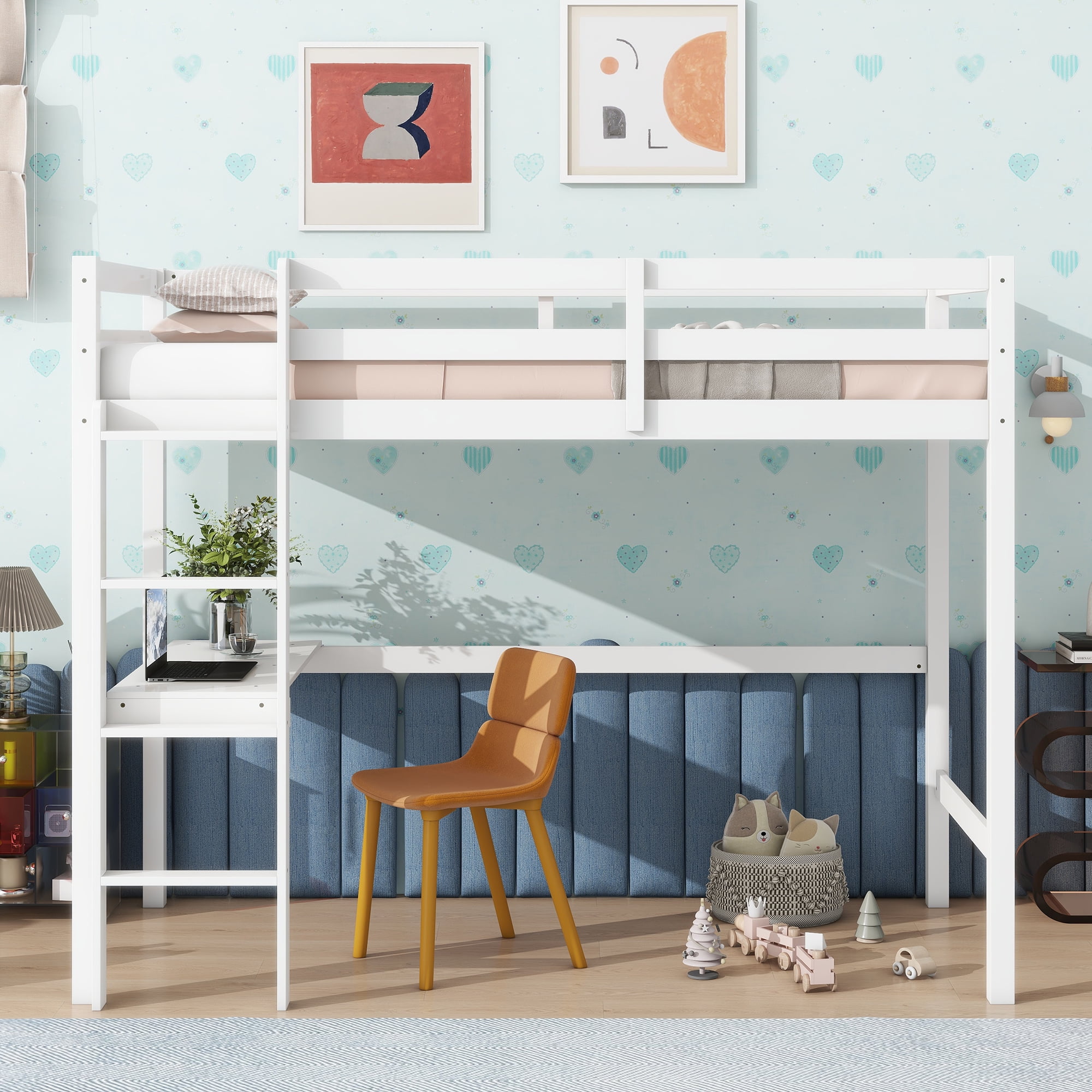 Twin High Loft Bed,Rubber Wood Loft Bed with Safety Guardrail,Built-In ...