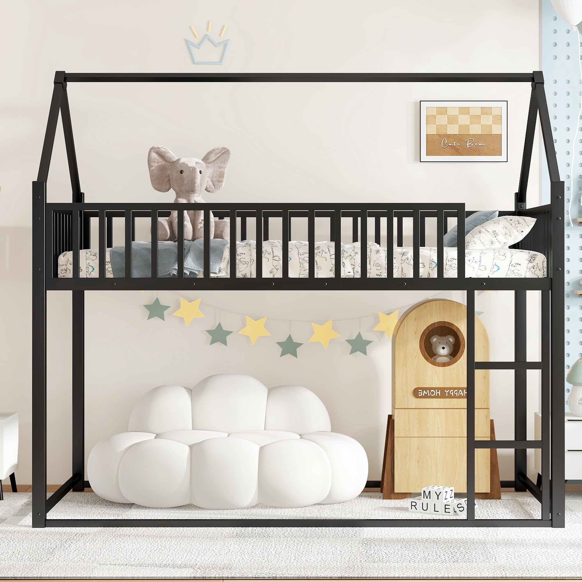 Twin House Bed, Convertible Loft Bed for Kids, Heavy-Duty Metal Frame ...