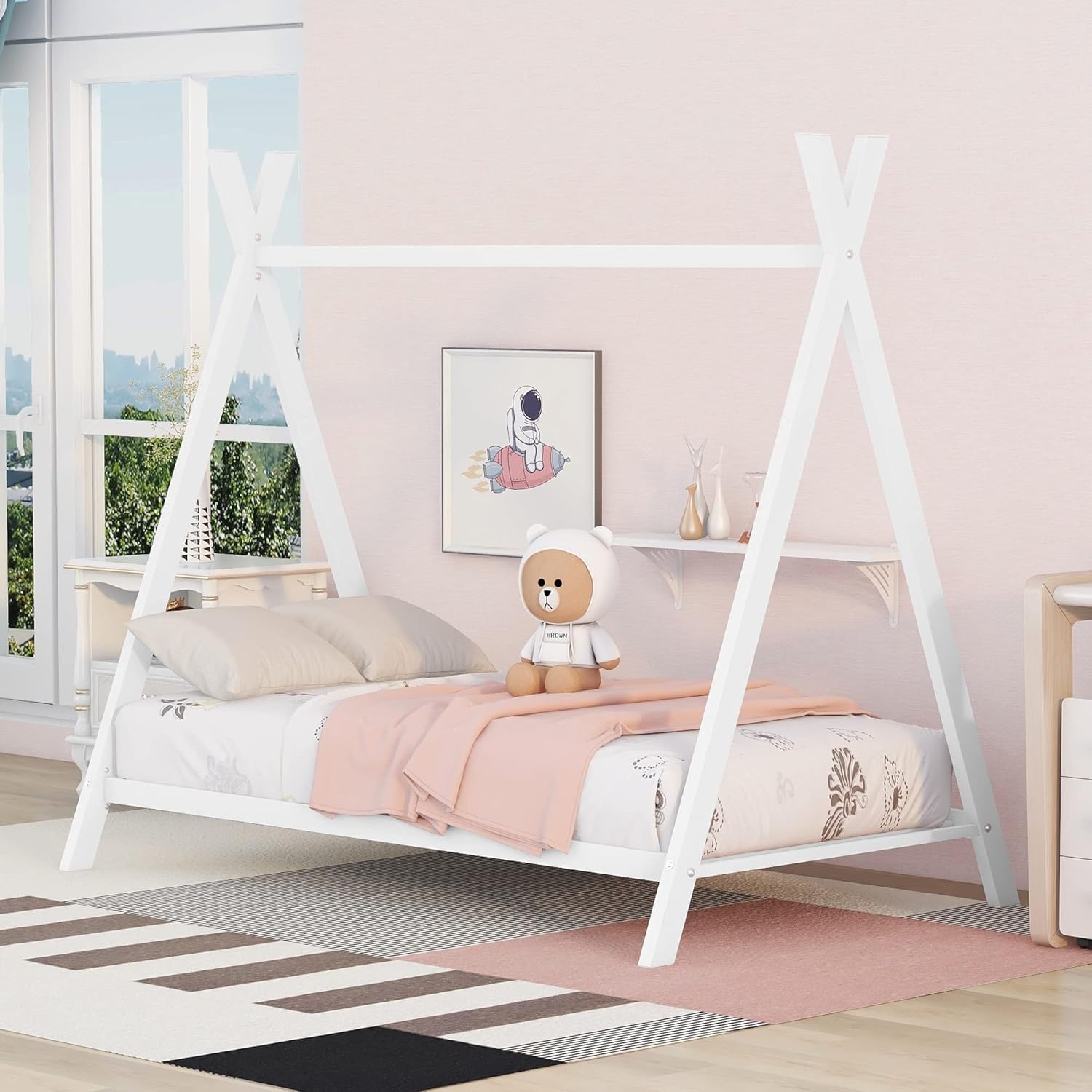 Twin House Bed for Kids, Metal Montessori Bed Tent Bed Frame Floor Play ...