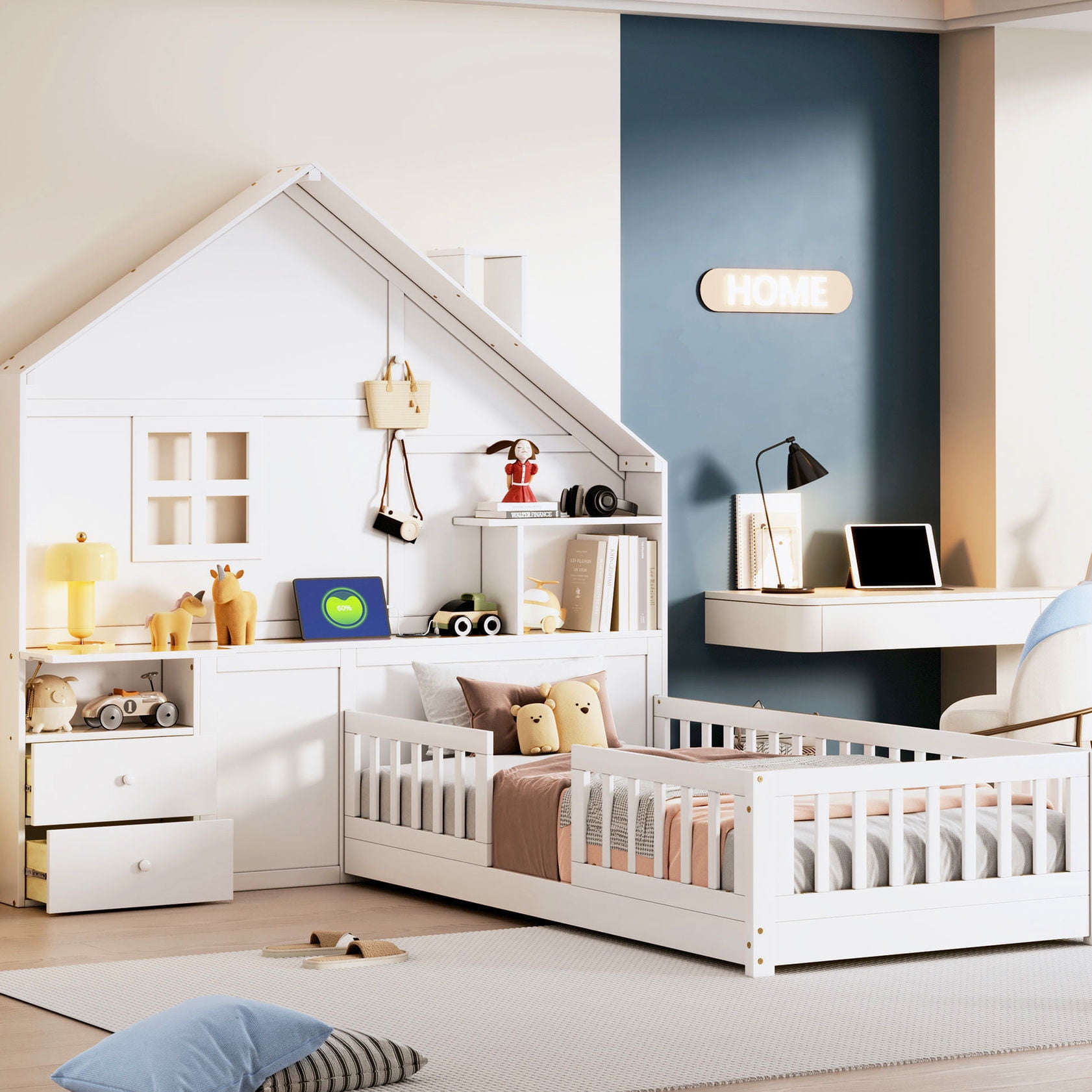 Twin House Bed with Bedside Storage and Sockets / Space-saving Solution ...
