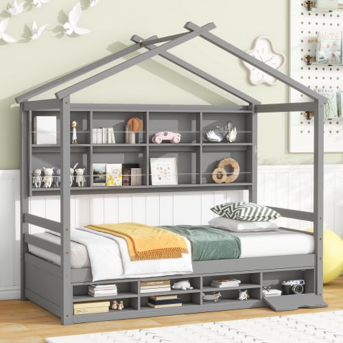 Twin House Bed with Roof Frame, Bedside-shelves, with Sturdy Wood Slat ...