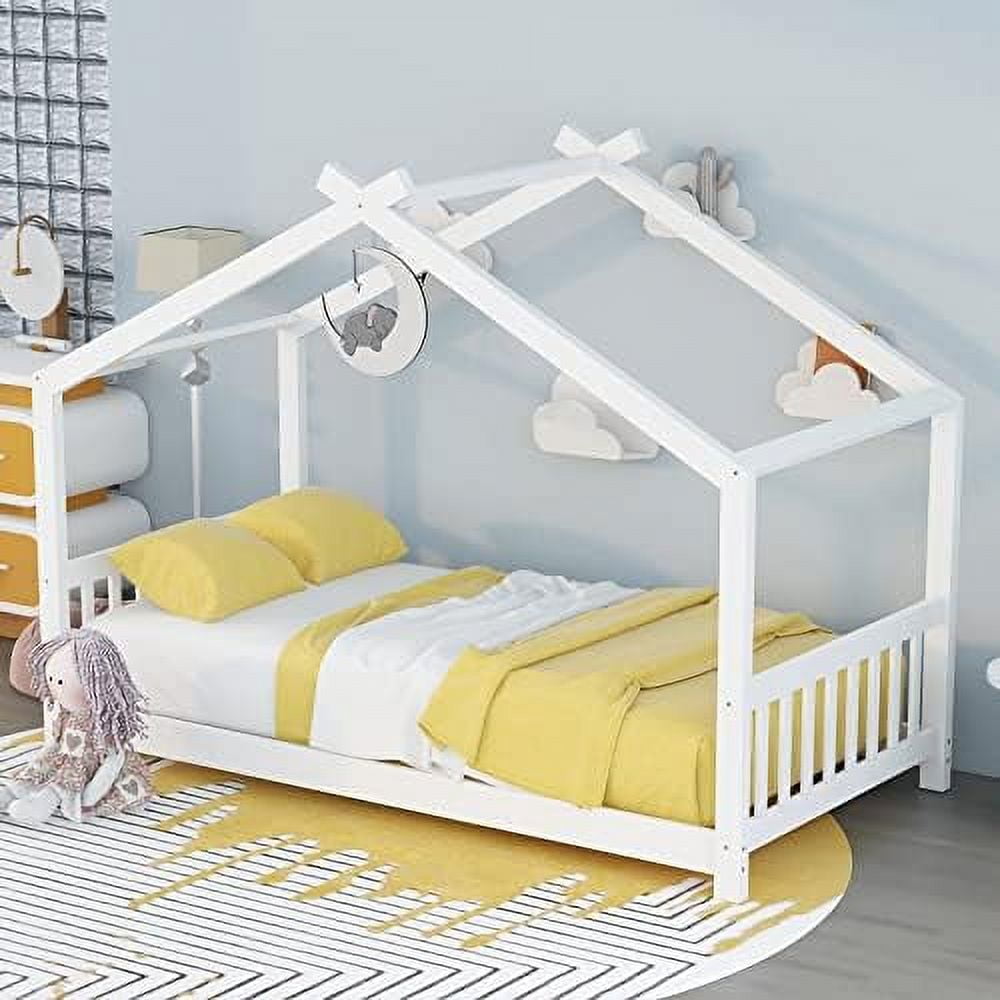 Twin House Beds Wood Montessori Bed Frame Kids Floor Tent Bed with ...