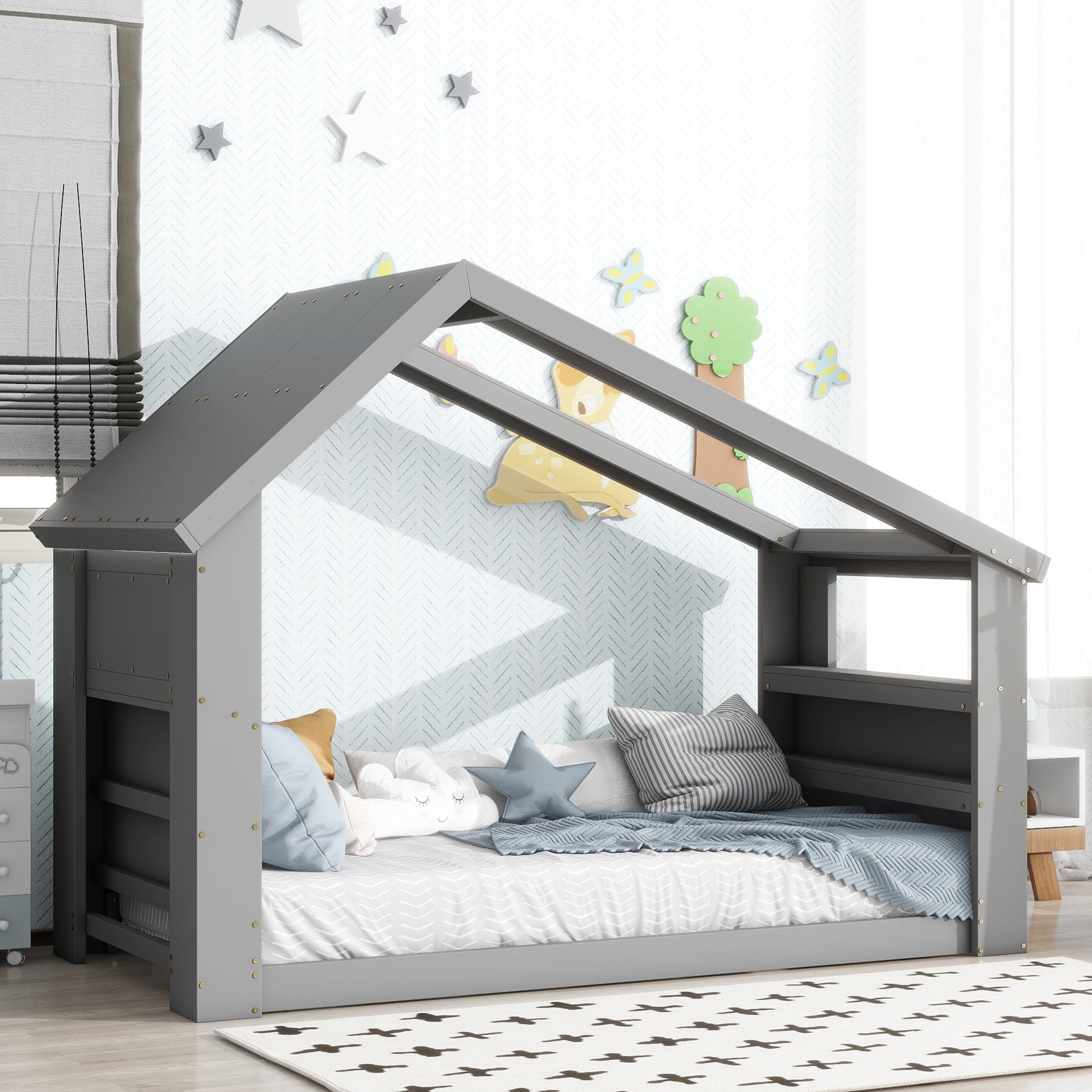 Twin House Floor Bed With Roof Window, Led Light,Grey - Walmart.com