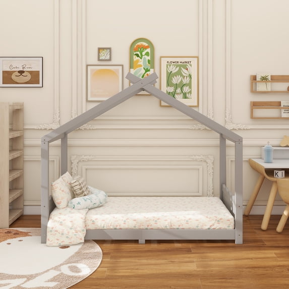 Twin House Floor Bed with Support Slats, Solid Wood House Bed Frame for ...