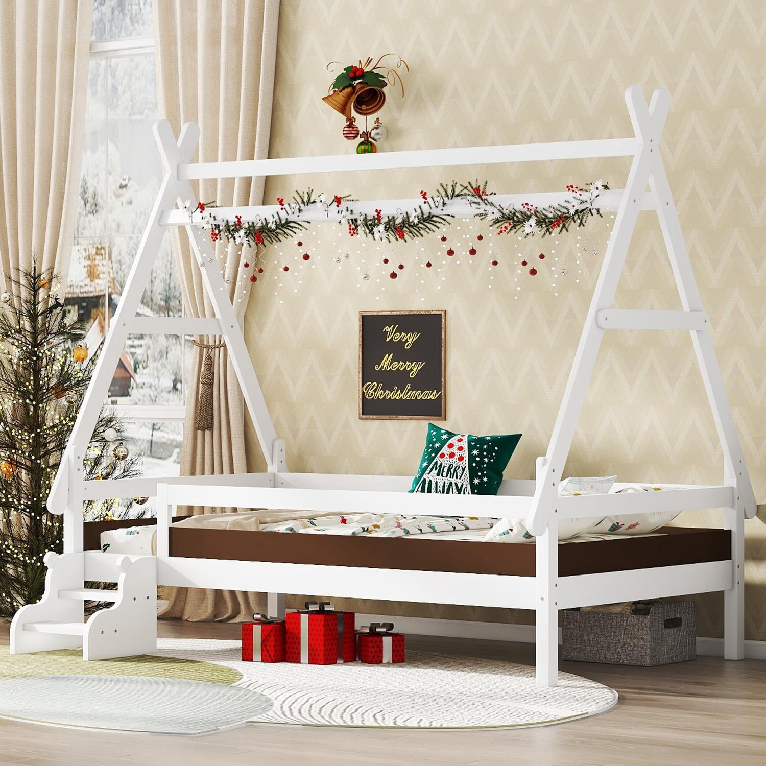 Twin House Platform Bed, Bed with Stairs, Solid Wood Twin Bed Frame ...