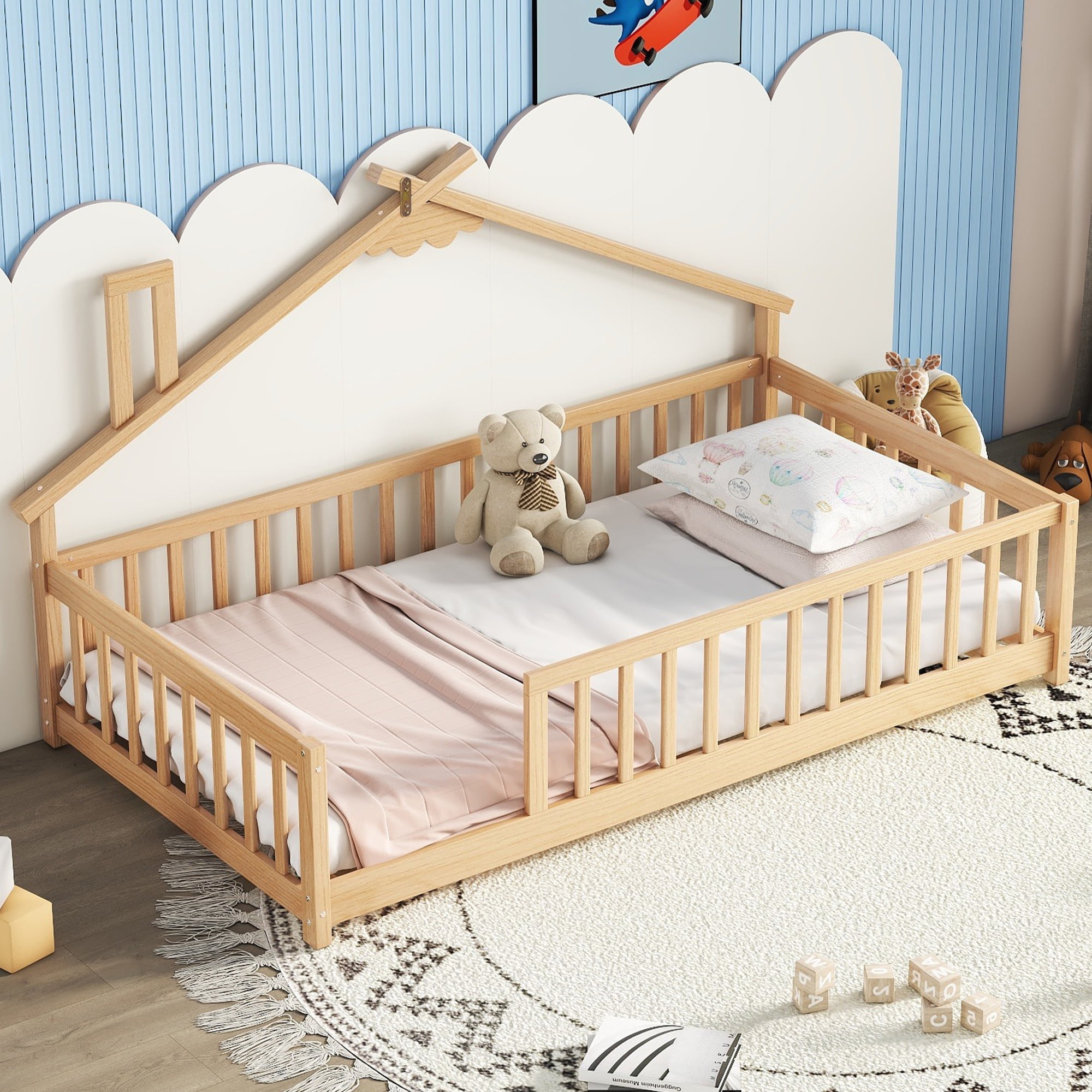 Twin House-Shaped Bed Frameside Floor Bed Frame With Guardrails, Slats ...