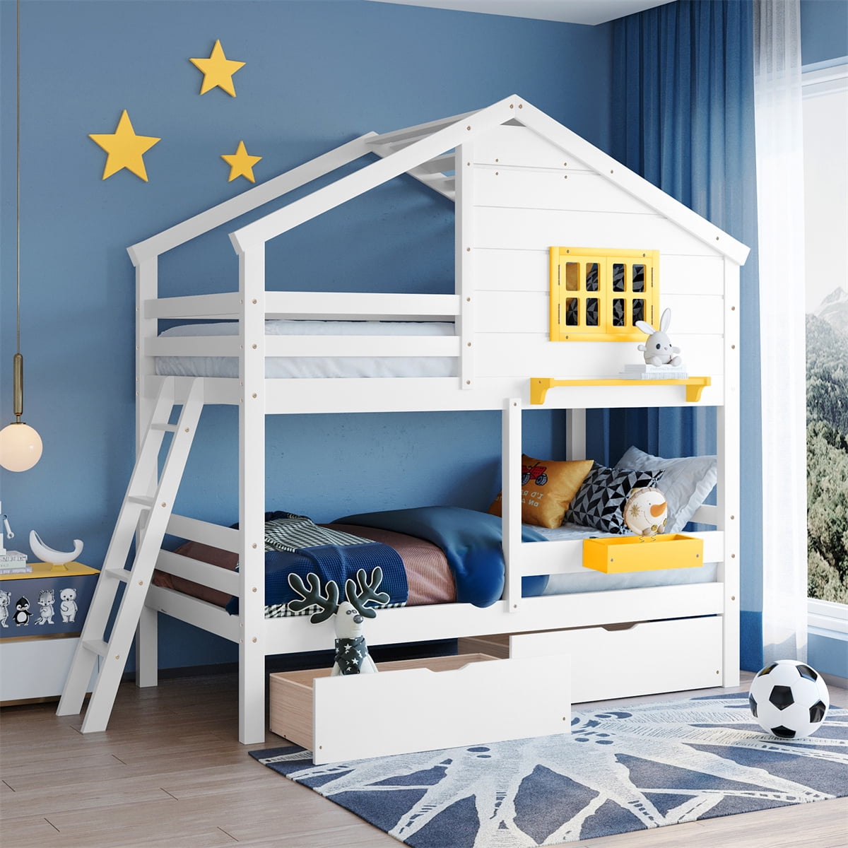 Twin over Twin House Shaped Bunk Bed with 2 Drawers and Inclined Ladder ...