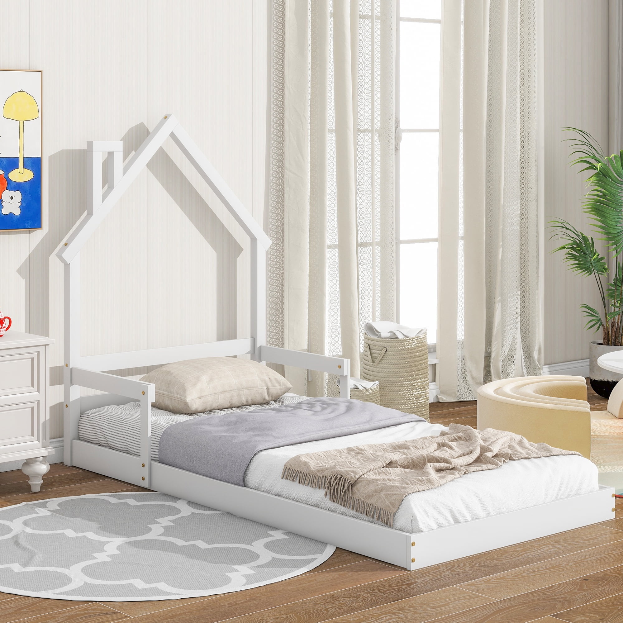Twin House-Shaped Headboard Floor Bed with Handrails ,slats,White ...
