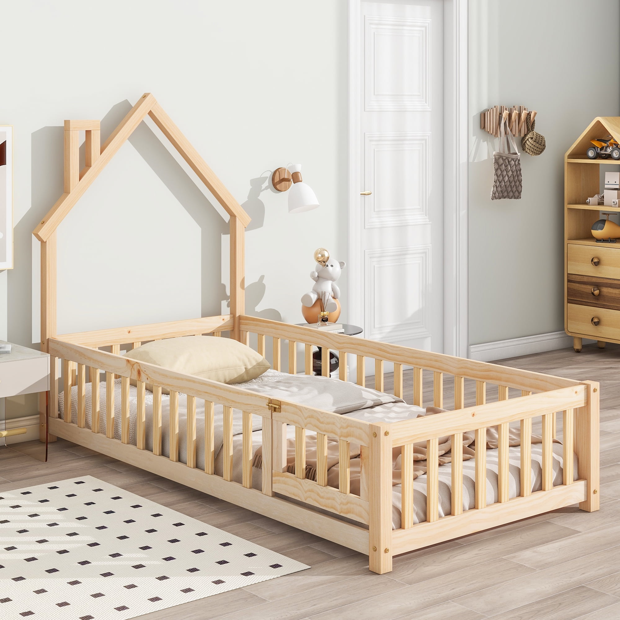 Twin House-Shaped Headboard Floor Bed with Fence ,Natural - Walmart.com