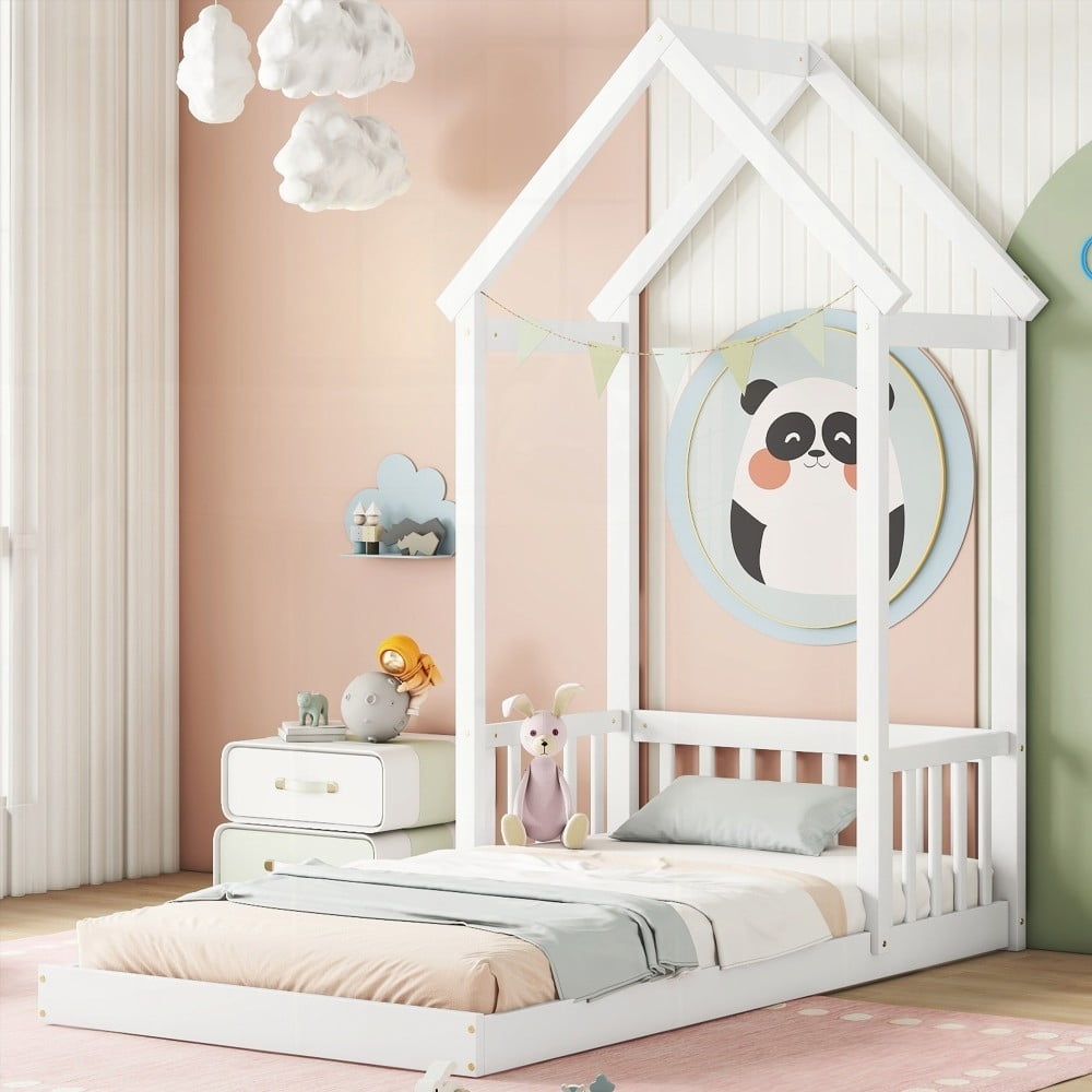 Twin House-shaped Roof Headboard Floor Bed (without slats), White, with ...