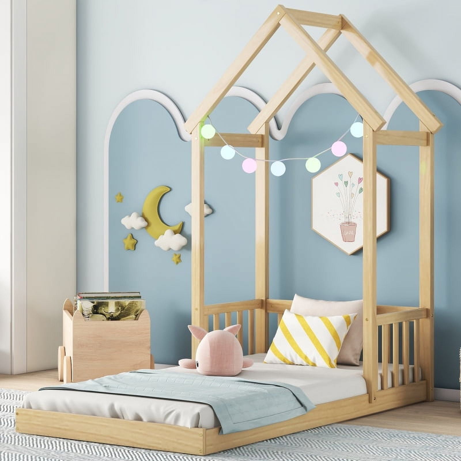 Twin House-shaped Roof Headboard Floor Bed,,(without slats),White ...