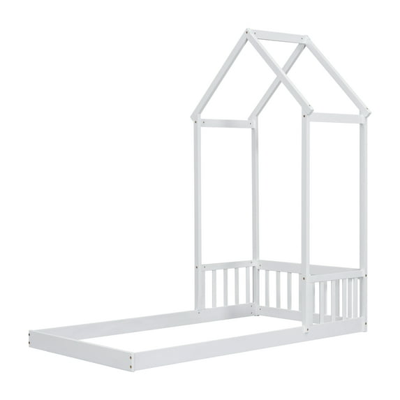 Twin House-shaped Roof Headboard Floor Bed,,(without slats),White ...