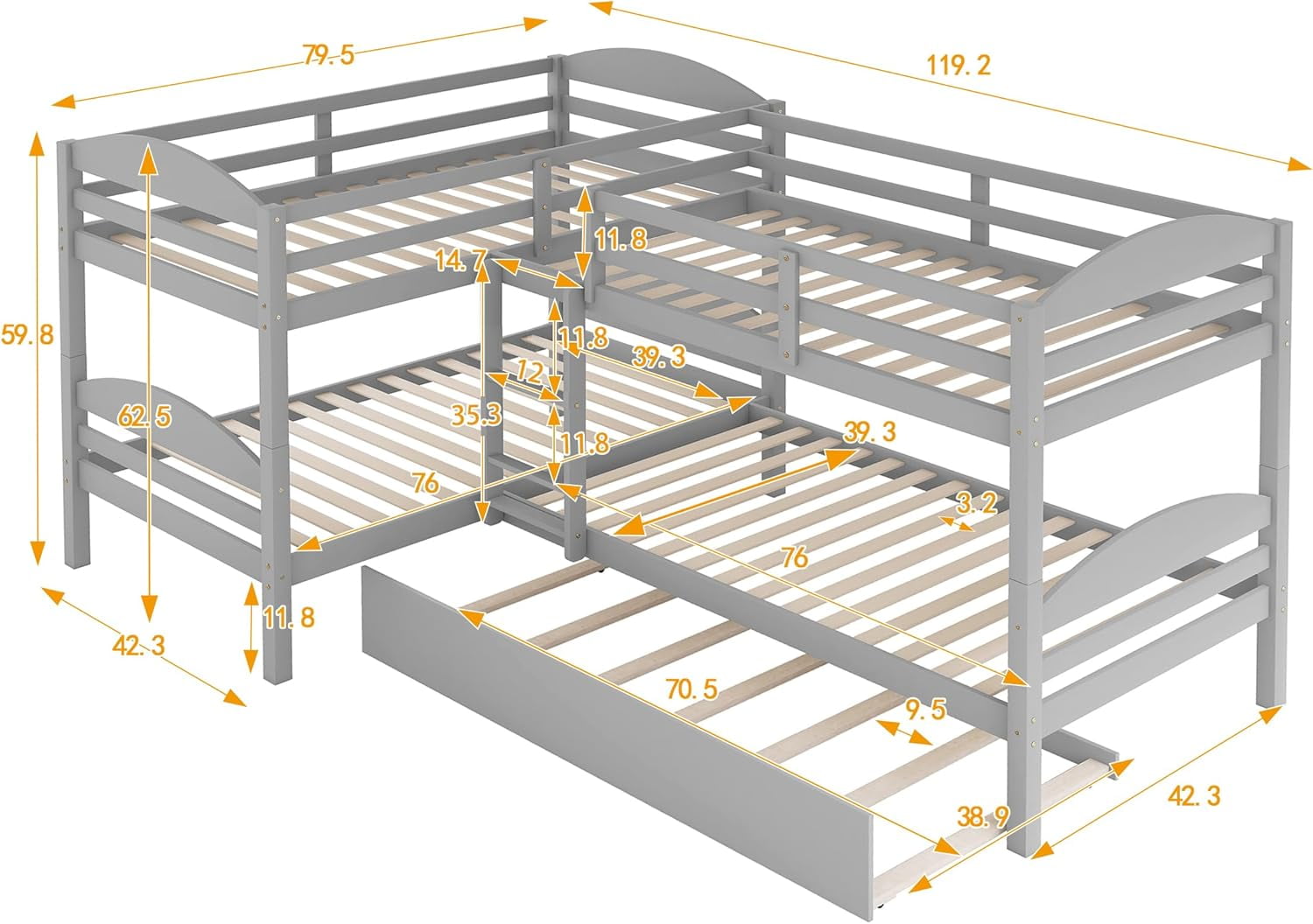 Twin L-Shaped Bunk Bed with Trundle, Can Be Divided into Two Beds, No ...