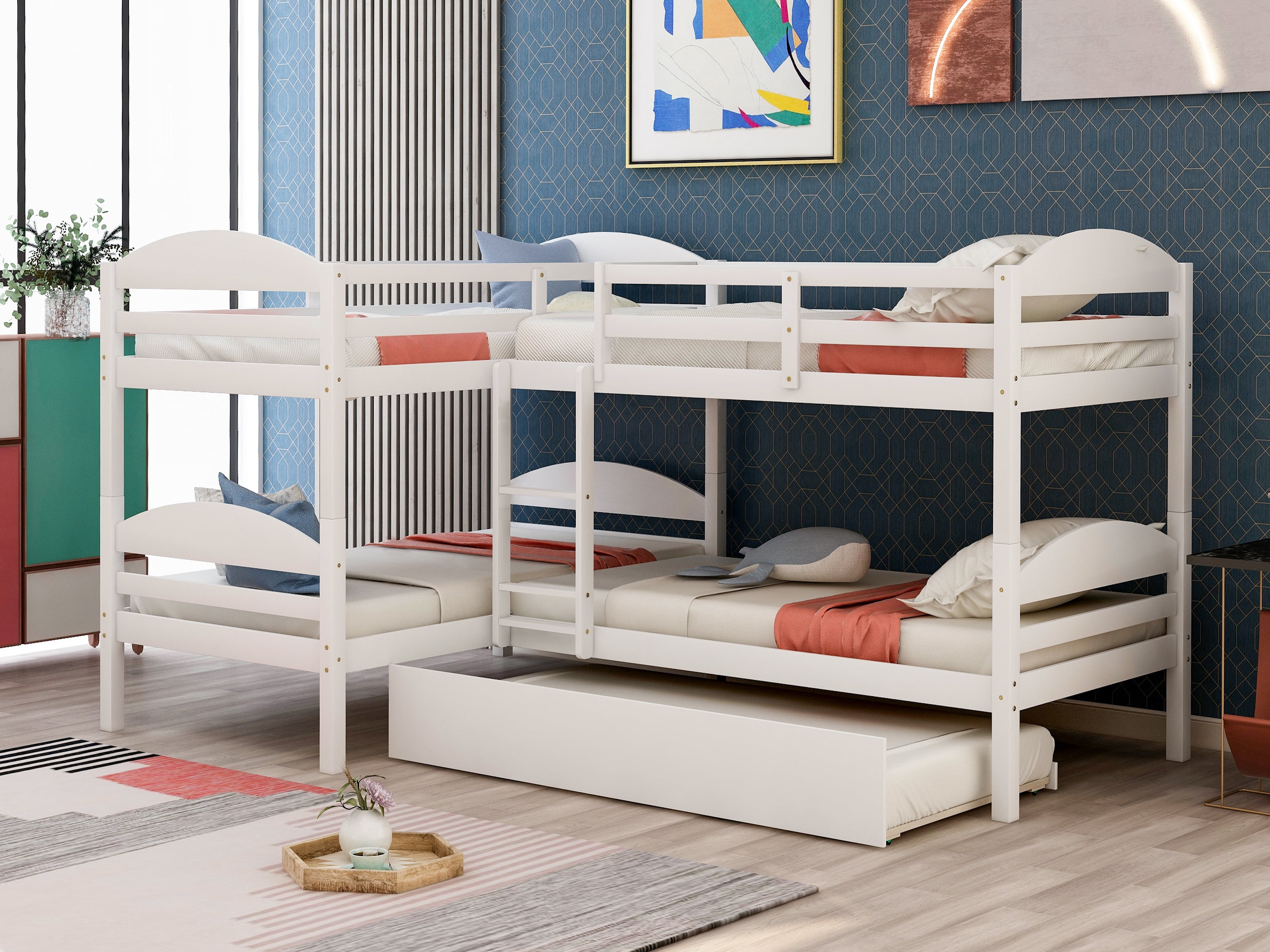 Twin L-Shaped Corner Bunk Bed and Loft Bed with Trundle Solid Wood Twin ...