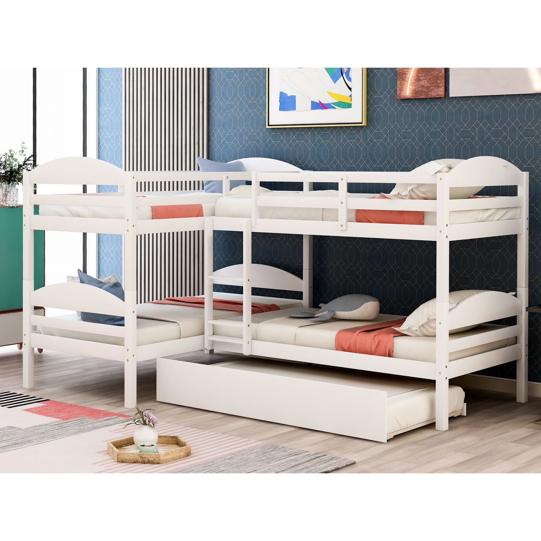 Twin L-shaped Bunk Bed With Trundle In White, Versatile Sleeping Option ...
