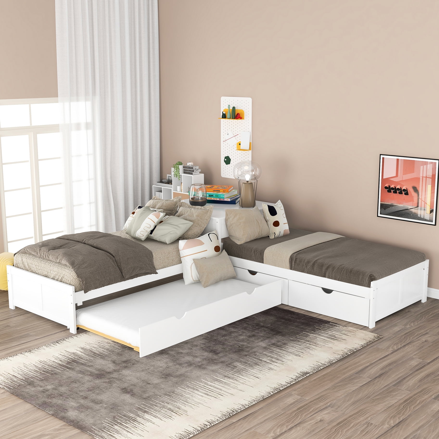 Twin L-shaped Platform Bed In White With Trundle, Drawers & Desk ...