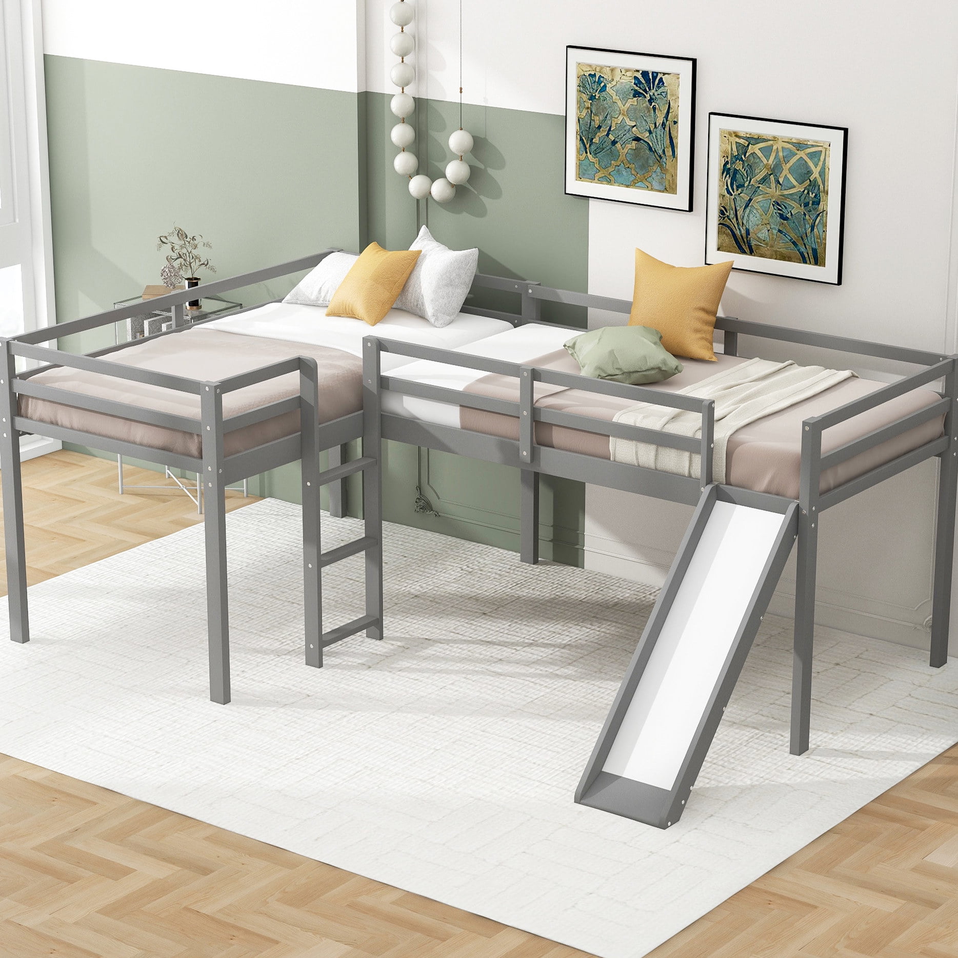 Twin L-shaped loft bed with slide and solid construction for long ...