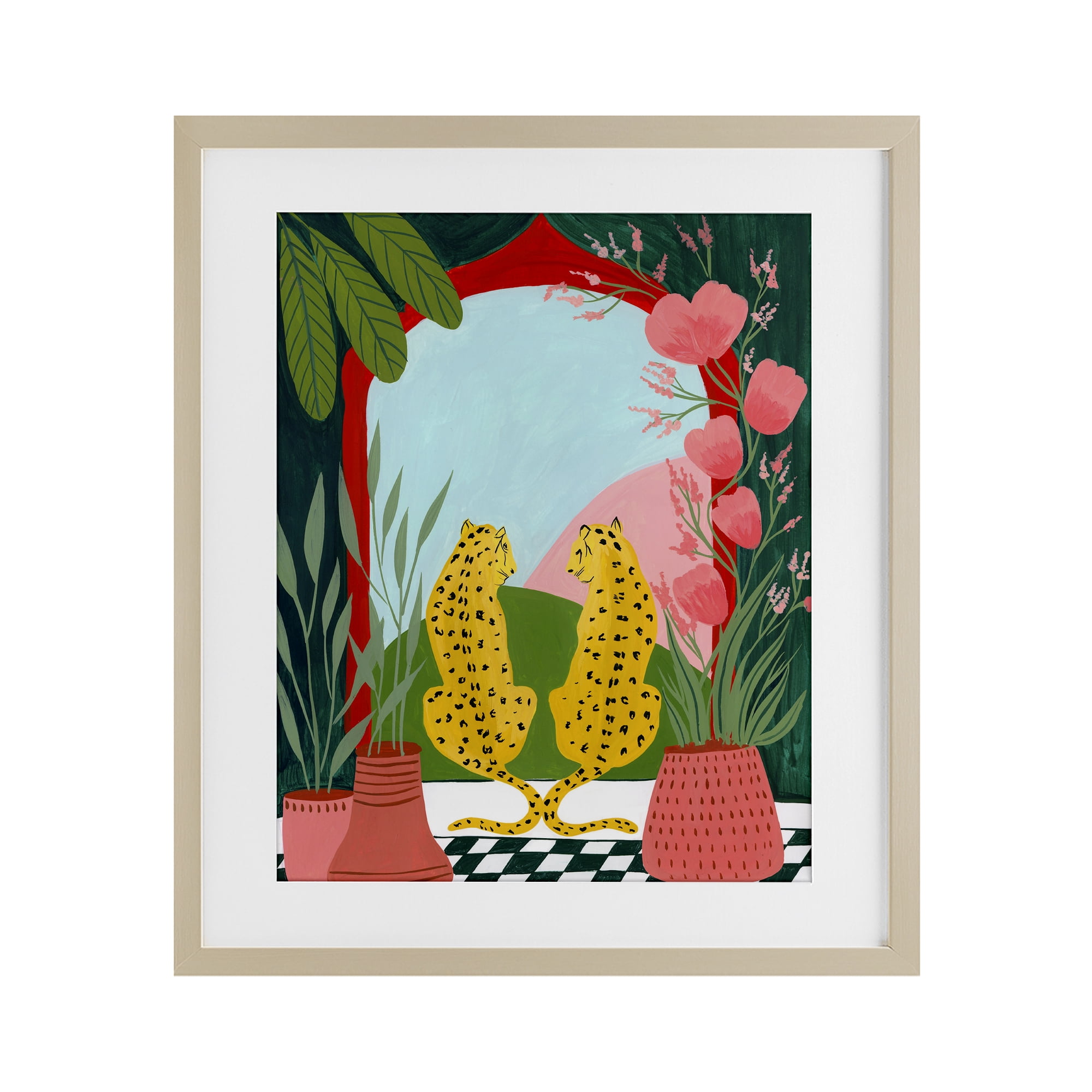 Twin Leopard & Plants Birch Framed Print Under Glass, design by Nabeela ...