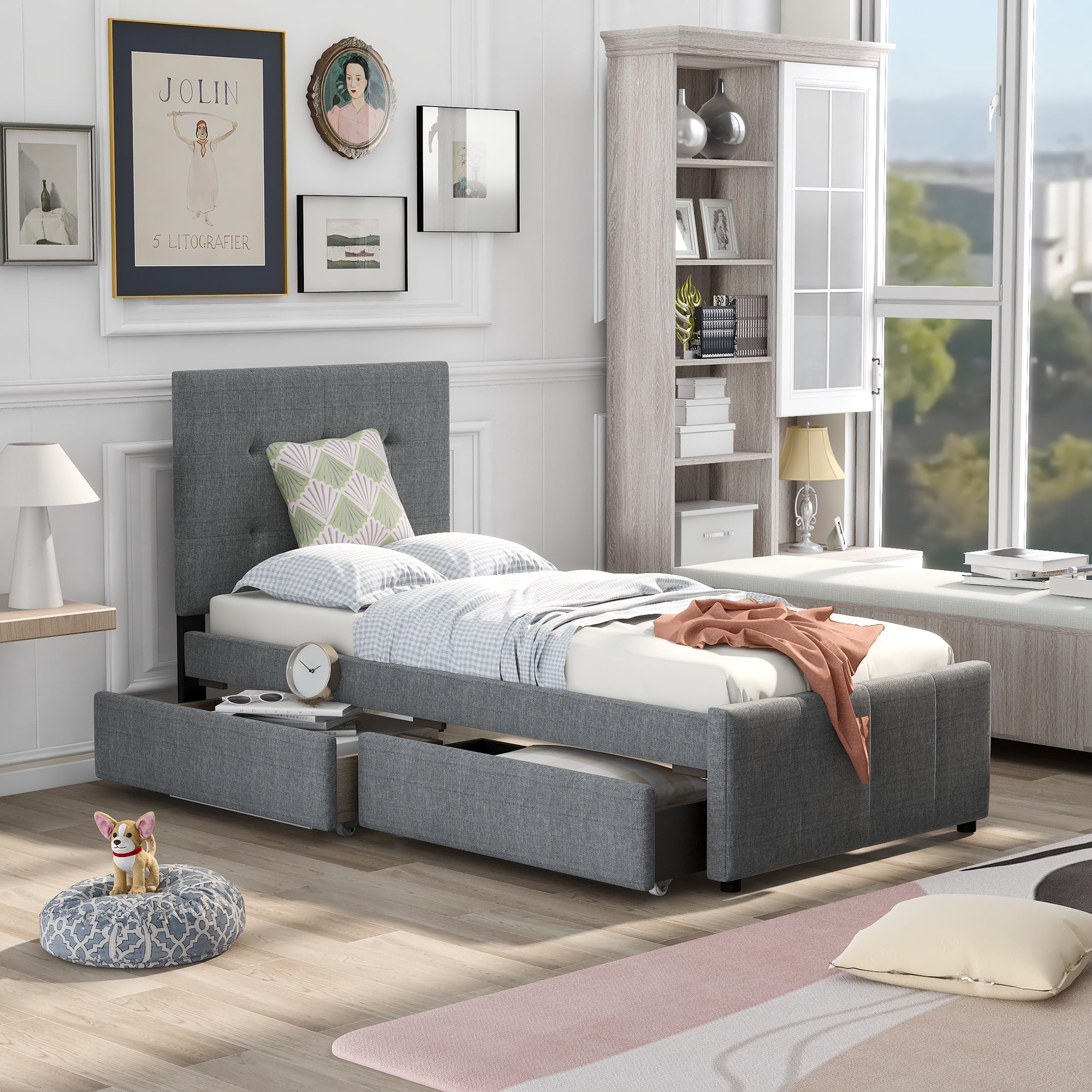 Twin Linen Upholstered Platform Bed with Headboard and 2 Large Drawers Twin Size Bed Frame for Boys Girls Teens Bedroom Strong Wood Slat Support Noise Free No Box Spring Needed Grey