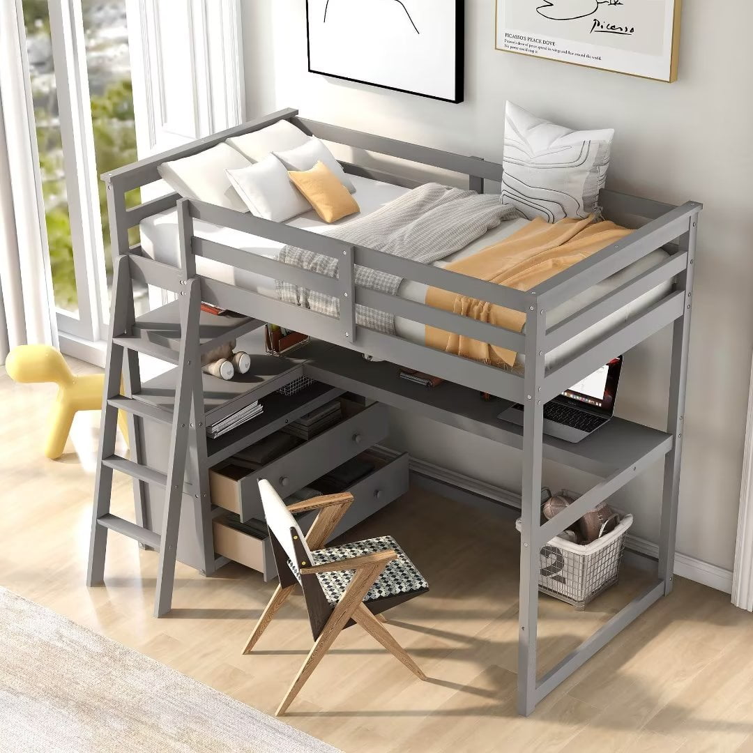 Twin Loft Bed with Desk and 2 Drawers, Solid Wood Twin Size Loft Bed ...